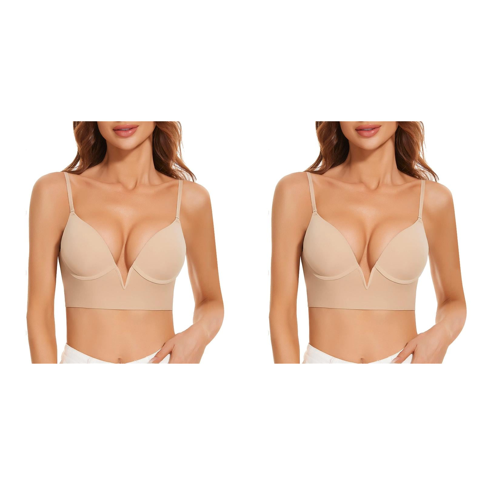 (2-Pack) 2025 French Deep V Low Bra for Women Pack Cut Large Open Back Womens Bras Comfortable ...