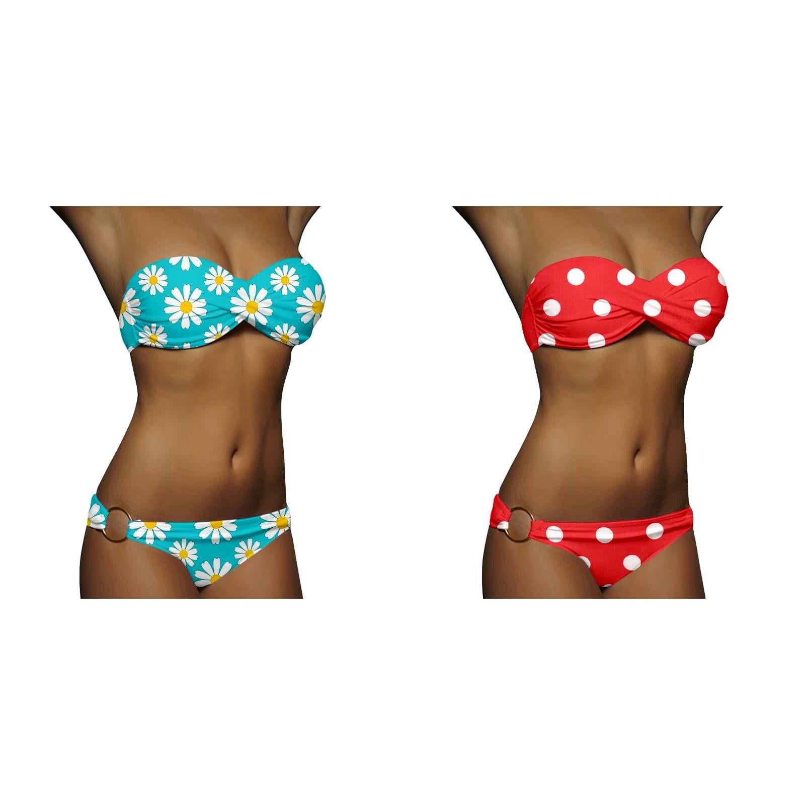 (2-Pack) 2025 New Push Up Bandeau Bikini Underwire Swim Tops Set Blue and Shorts Bikini Stripes ...
