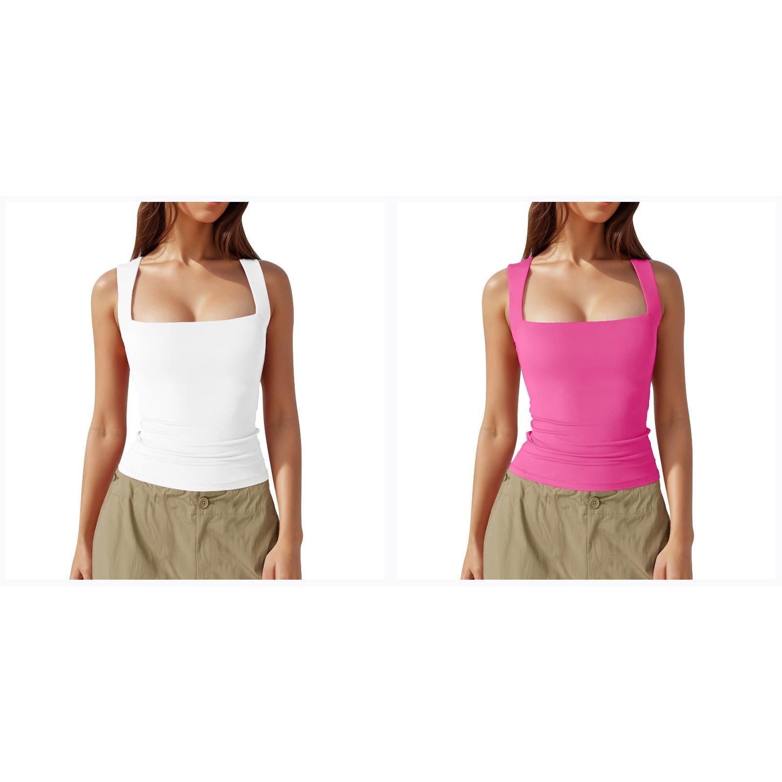 (2-Pack) 2025 New Women Square Neck Sleeveless Camisole with Shelf Bra ...