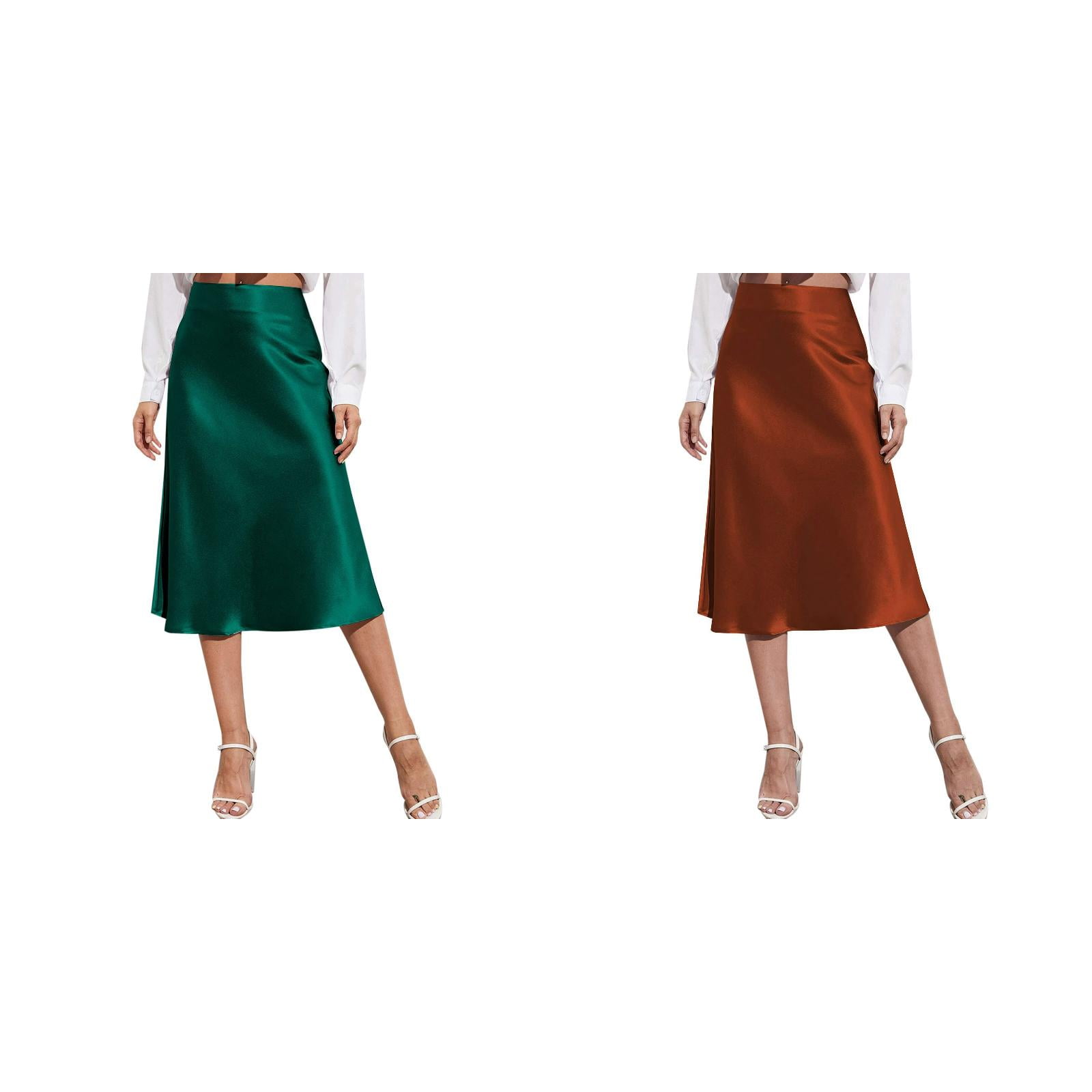 (2-Pack) 2025 New Womens High Waist Midi High Slit Skirt Solid Satin ...