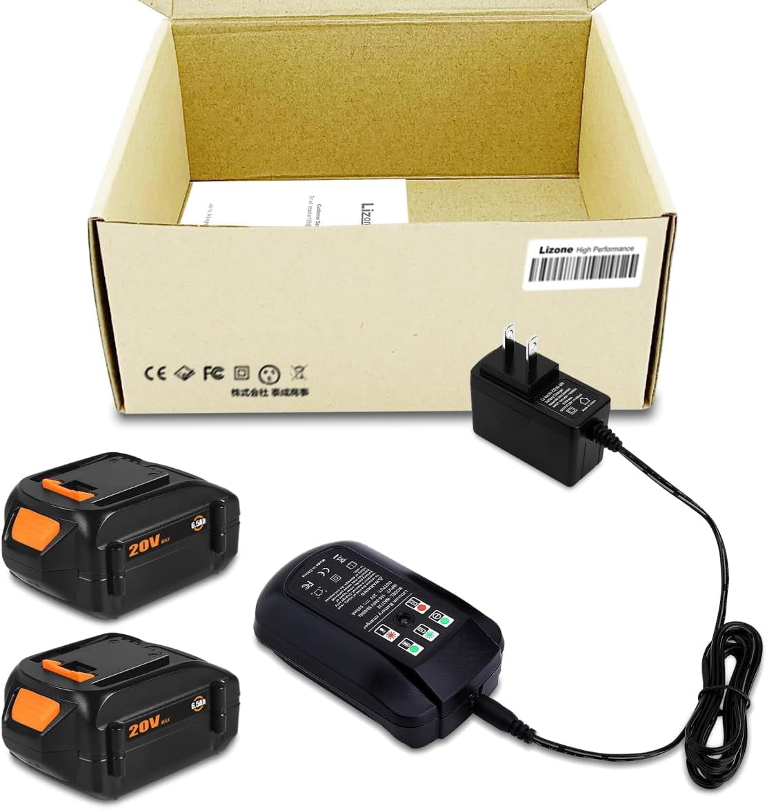 2 Pack 20V 6.5Ah Batteries with Charger Combo Kit Replacement for Worx 20V Battery and Charger 5 ...