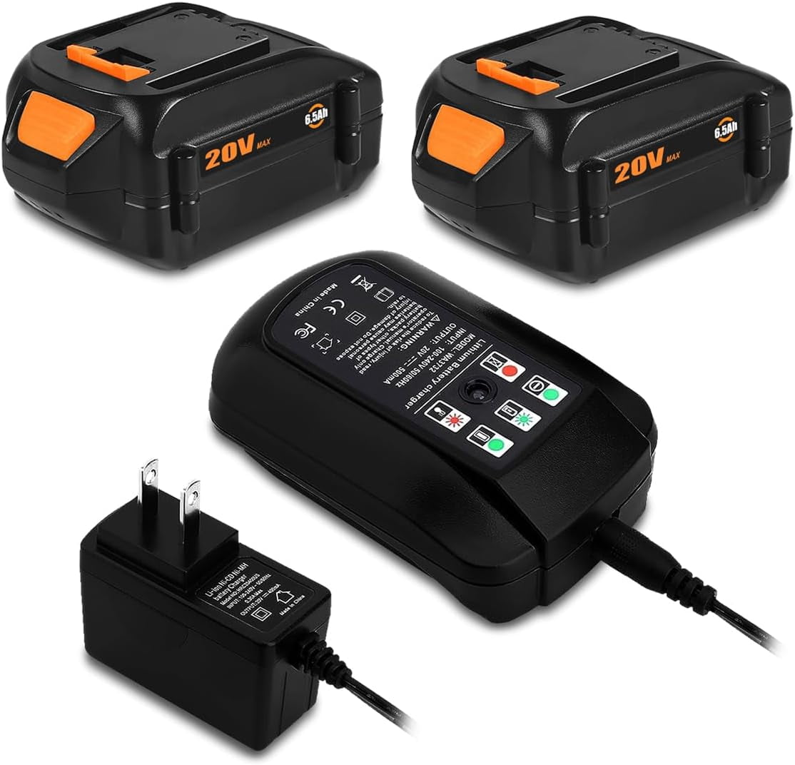 2 Pack 20V 6.5Ah Batteries with Charger Combo Kit Replacement for Worx ...