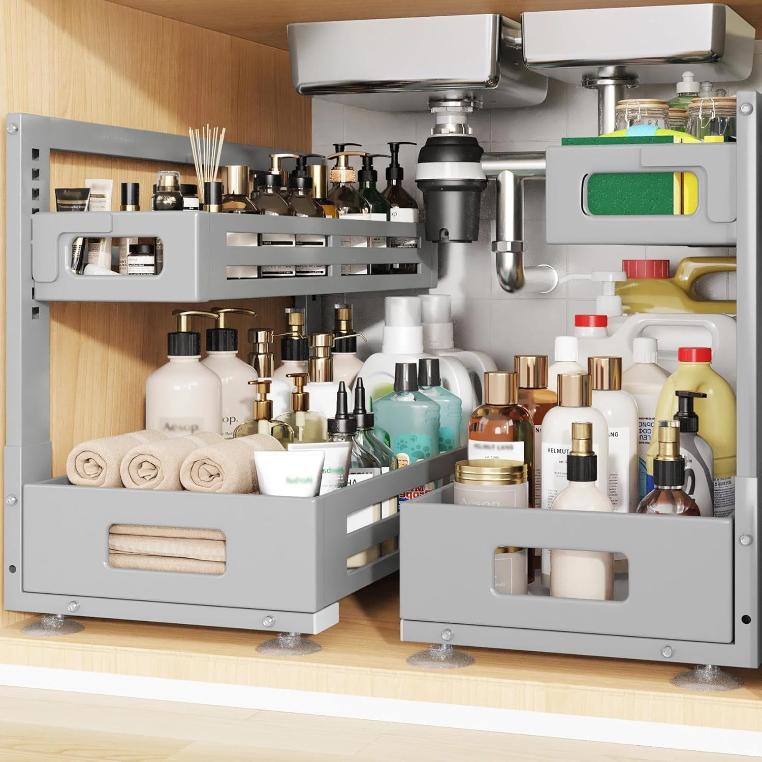 2-Pack 21-Inch Deep Under Sink Pull Out Organizer, 2-Tier Slide Out ...