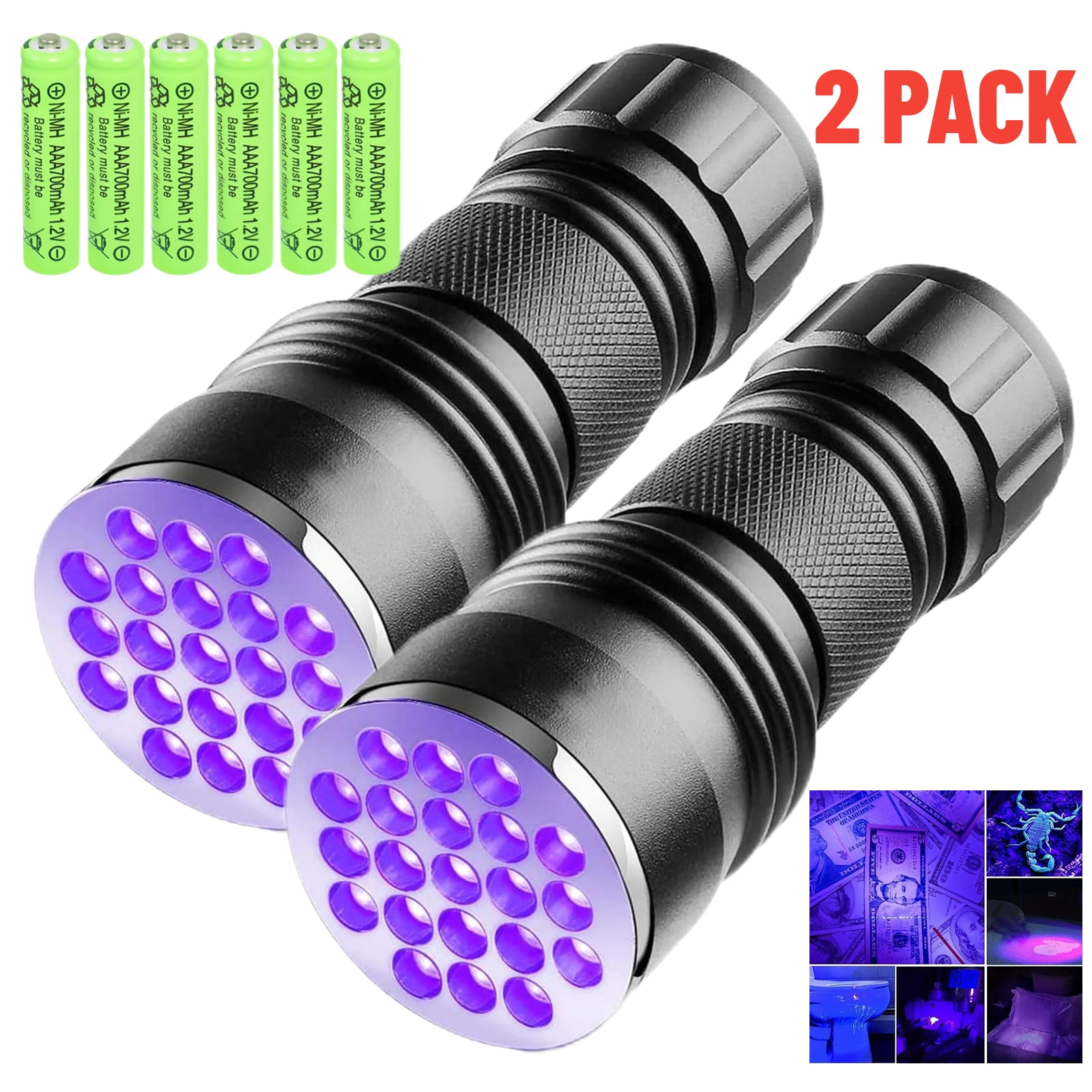 2 Pack 21 LED UV Ultraviolet LED Flashlight Blacklight 395NM Inspection Lamp with 1.2v Ni-MH AAA ...