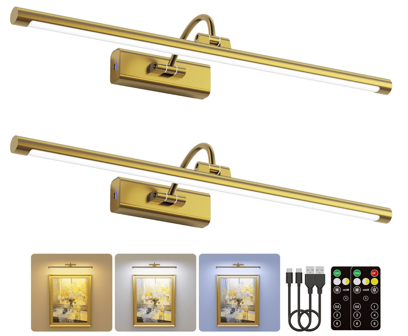 2 Pack 24" Brass Gallery Picture Lights, 8000mAh Rechargeable Battery ...