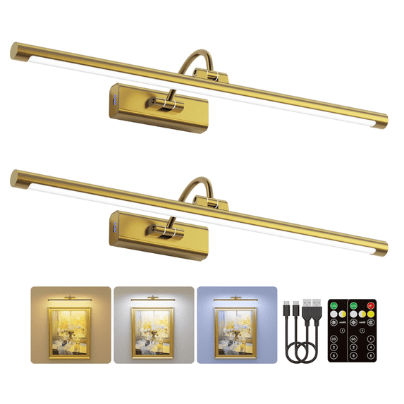 2 Pack 24" Brass Gallery Picture Lights, 8000mAh Rechargeable Battery ...
