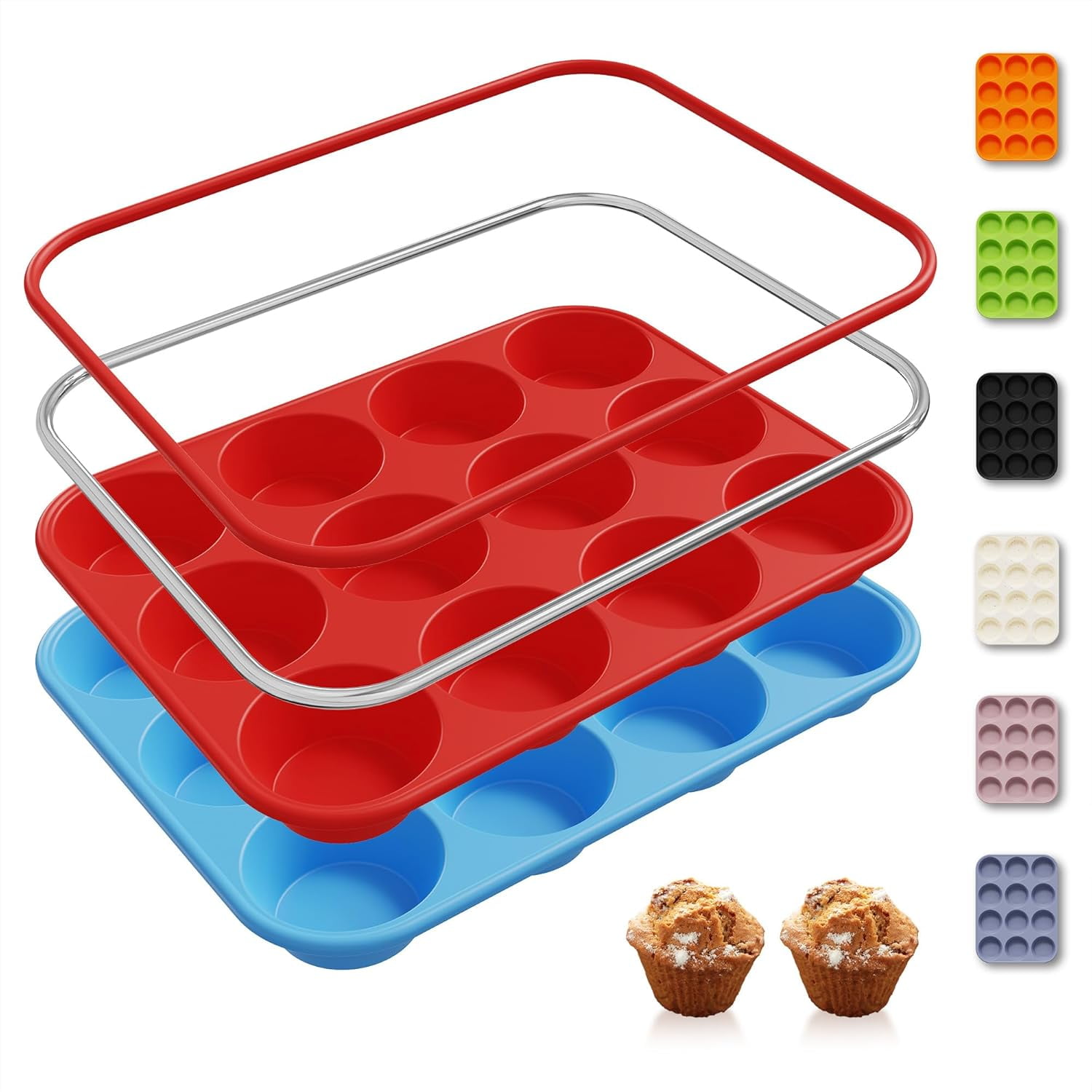 2 Pack 24 Cup Mini Muffin Pan with Reinforced Frame Silicone Molds Non ...