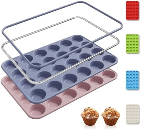 2 Pack 24 Cups Silicone Mini Muffin Pan with Metal Reinforced Frame ...