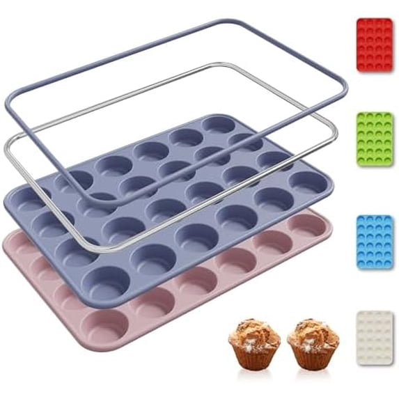 2 Pack 24 Cups Silicone Mini Muffin Pan with Metal Reinforced Frame ...