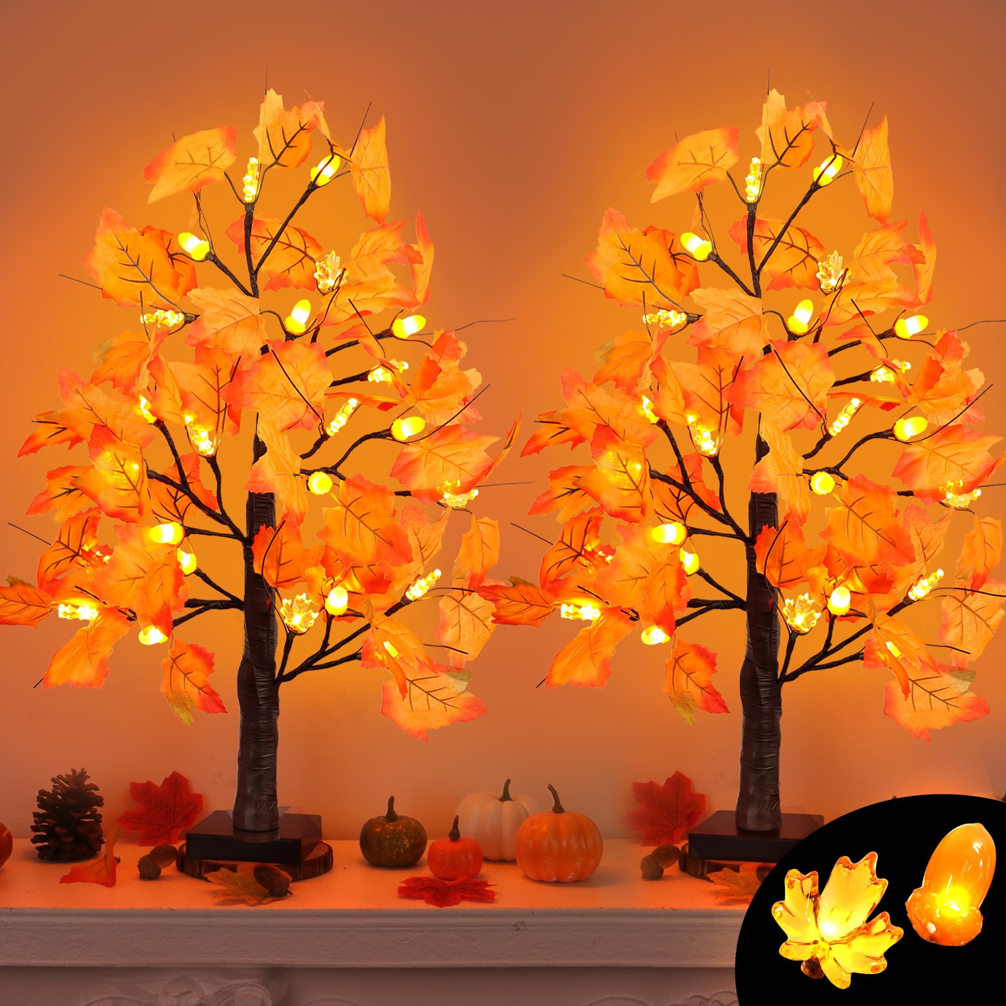 2 Pack 24 Inch Artificial Lighted Maple Tree with 48 LEDs Timer Fall ...