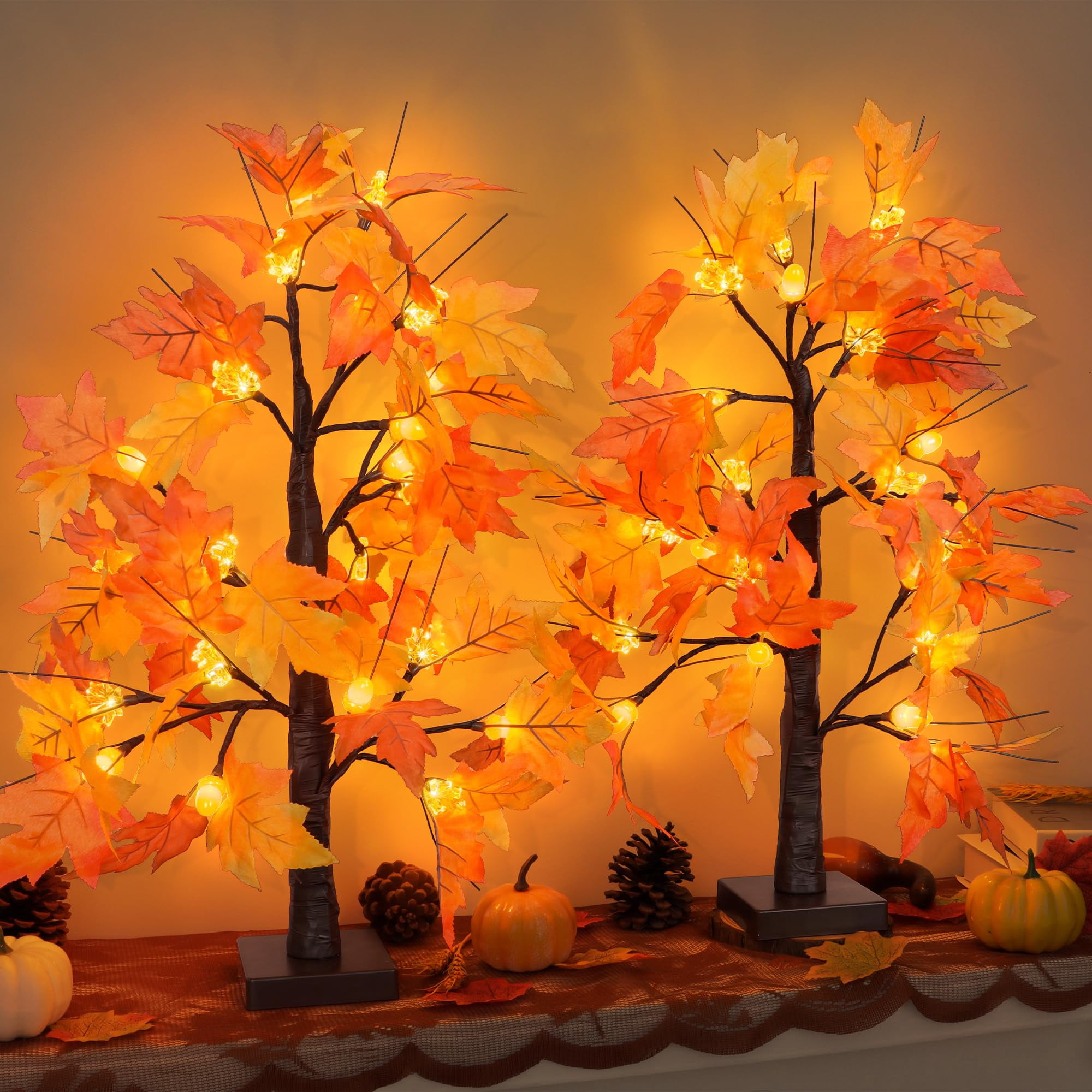 2 Pack 24 Inch Artificial Lighted Maple Tree 48 LEDs Timer Fall ...