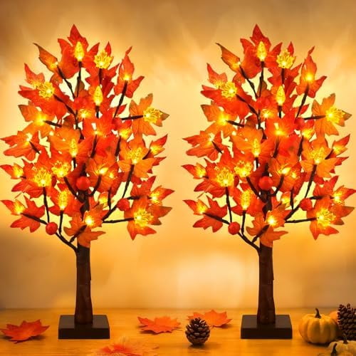 2 Pack 24 Inch Prelit Fall Maple Tree Decorations with 48 LEDs Timer ...