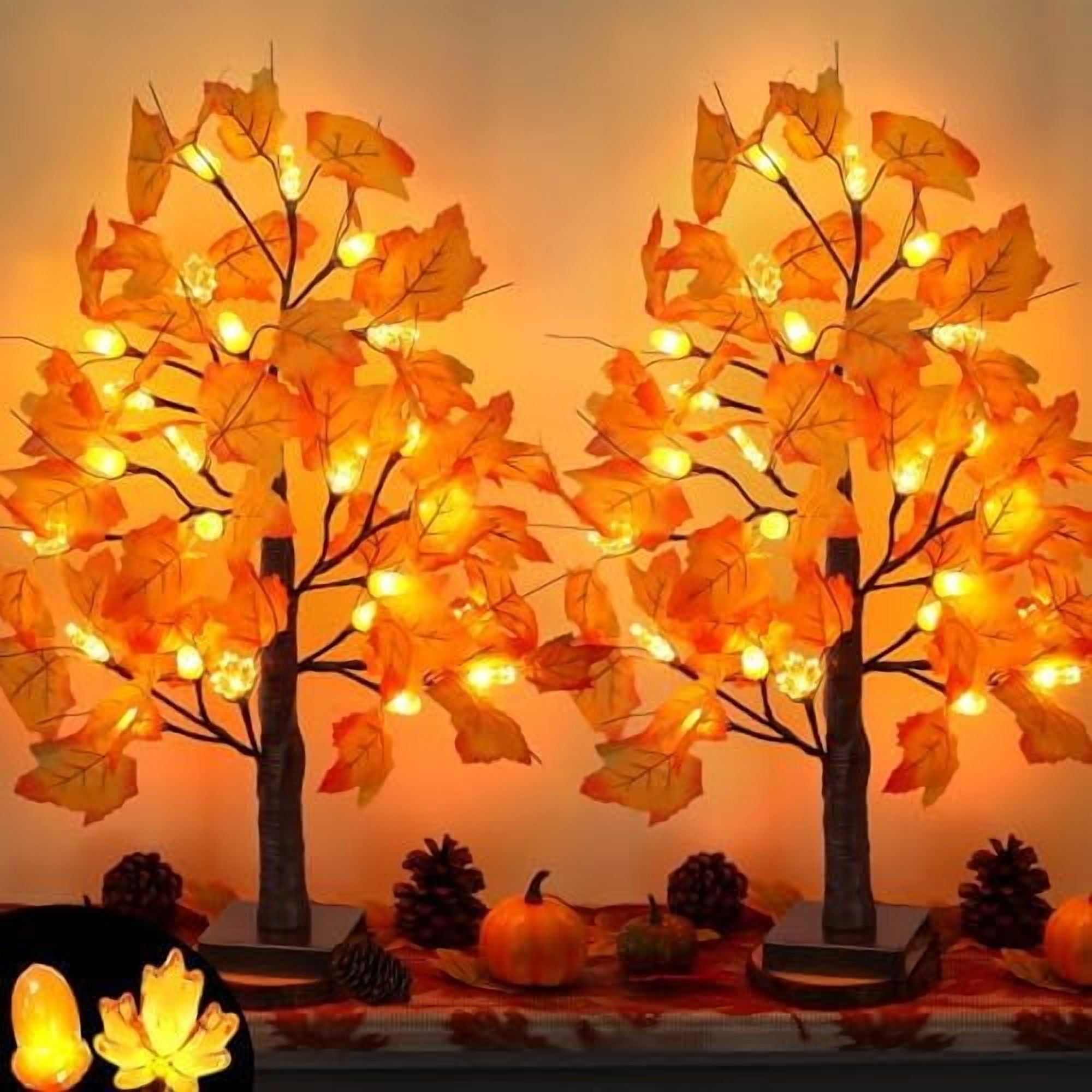 2 Pack 24 Inch Prelit Fall Maple Tree Fall Thanksgiving Decorations ...