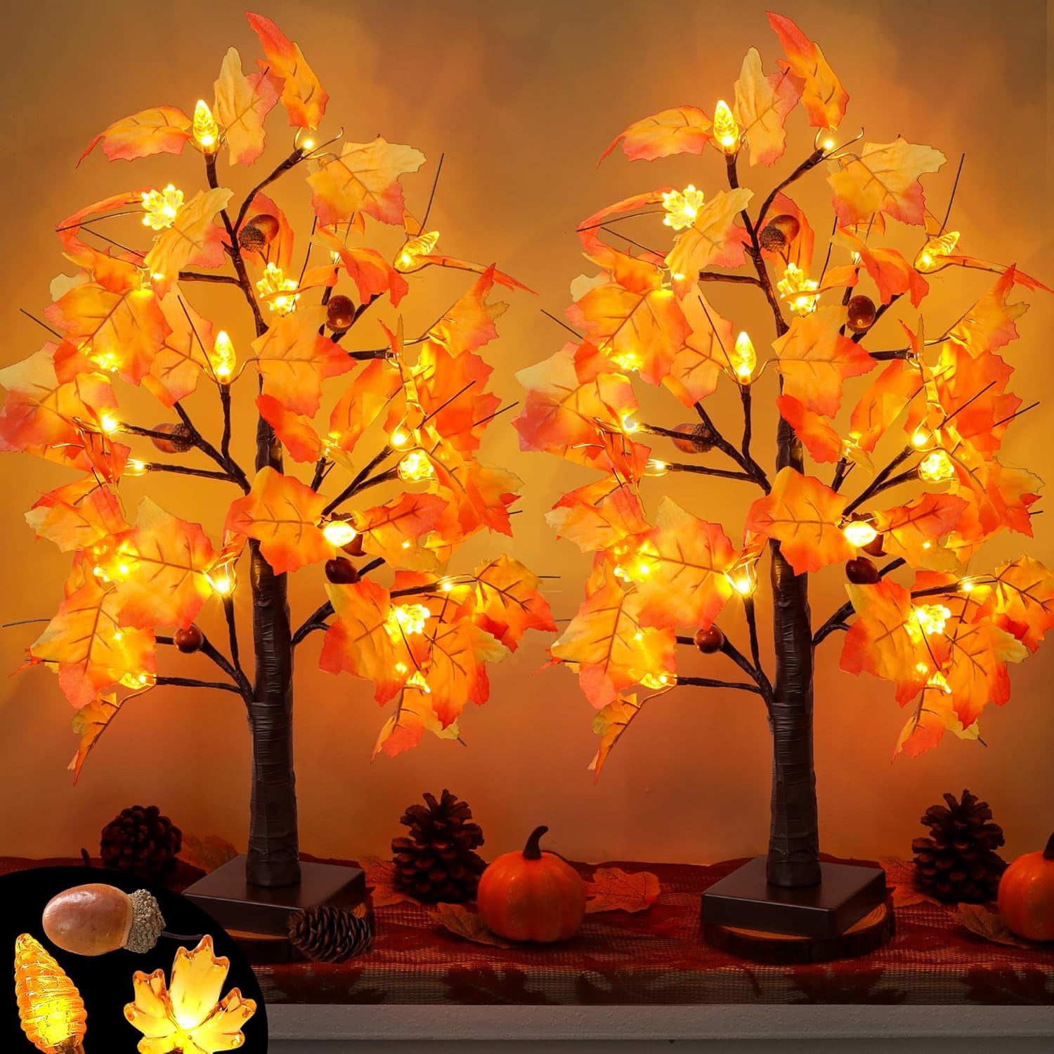 2 Pack 24 Inch Prelit Fall Maple Tree Fall Thanksgiving Decorations ...