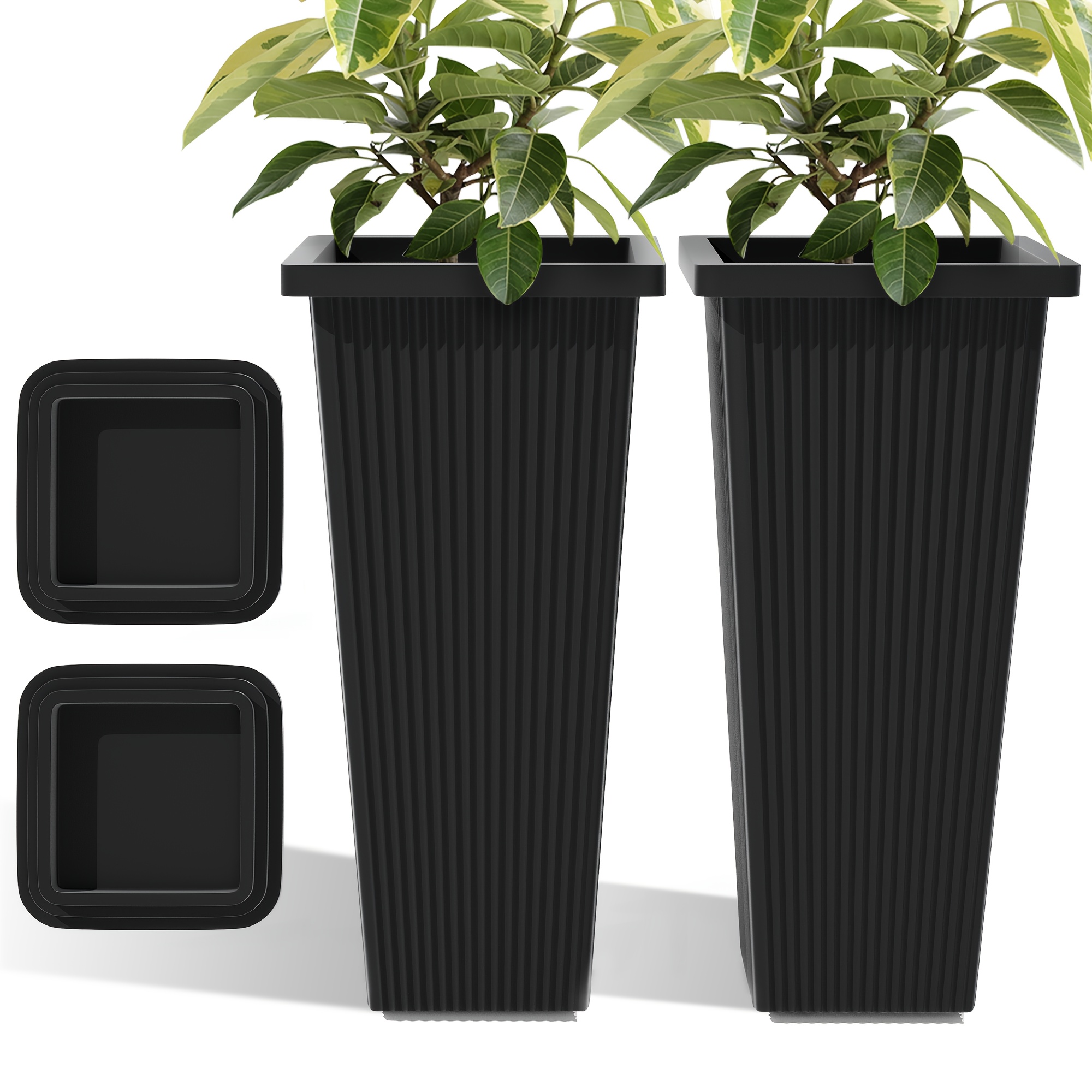 2-Pack 24" Tall Large Tapered Flower Pots With Drainage Holes And Trays ...