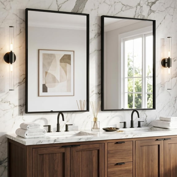 2-Pack 24"x36" Matte Black Bathroom Mirror, Deep-Set Metal Frame, Heavy ...
