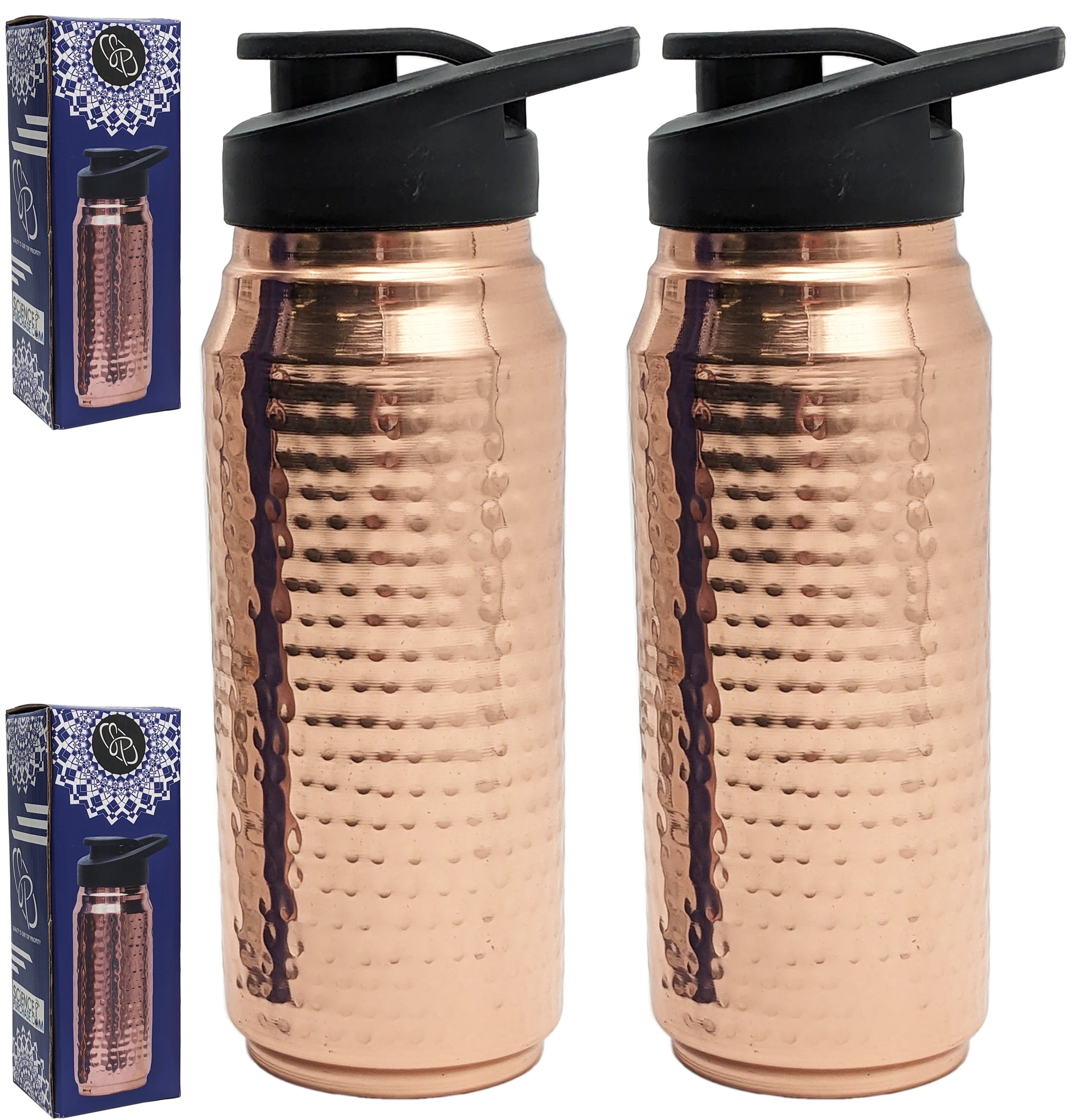 2 Pack 25 Ounce Pure Copper Water Bottle with Plastic Sipping Cap, Hand ...