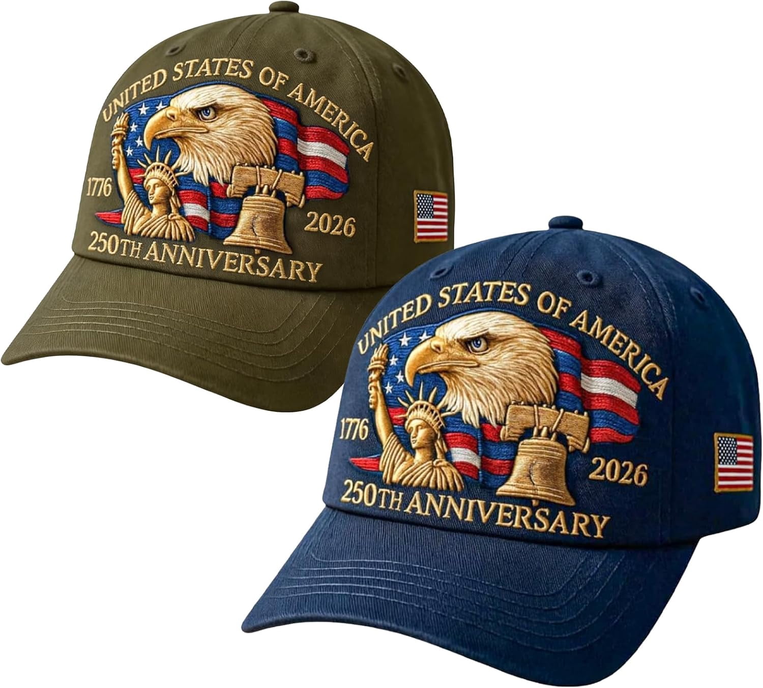 2 Pack 250th Anniversary USA Hat Eagle Embroidery Patriotic Baseball ...