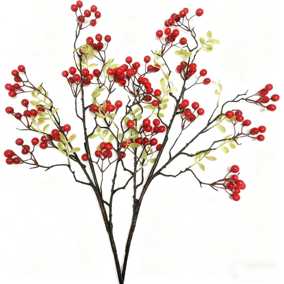 2-Pack 27.5 Inch Red Berry Stems,Artificial Red Branches, Bendable Faux ...