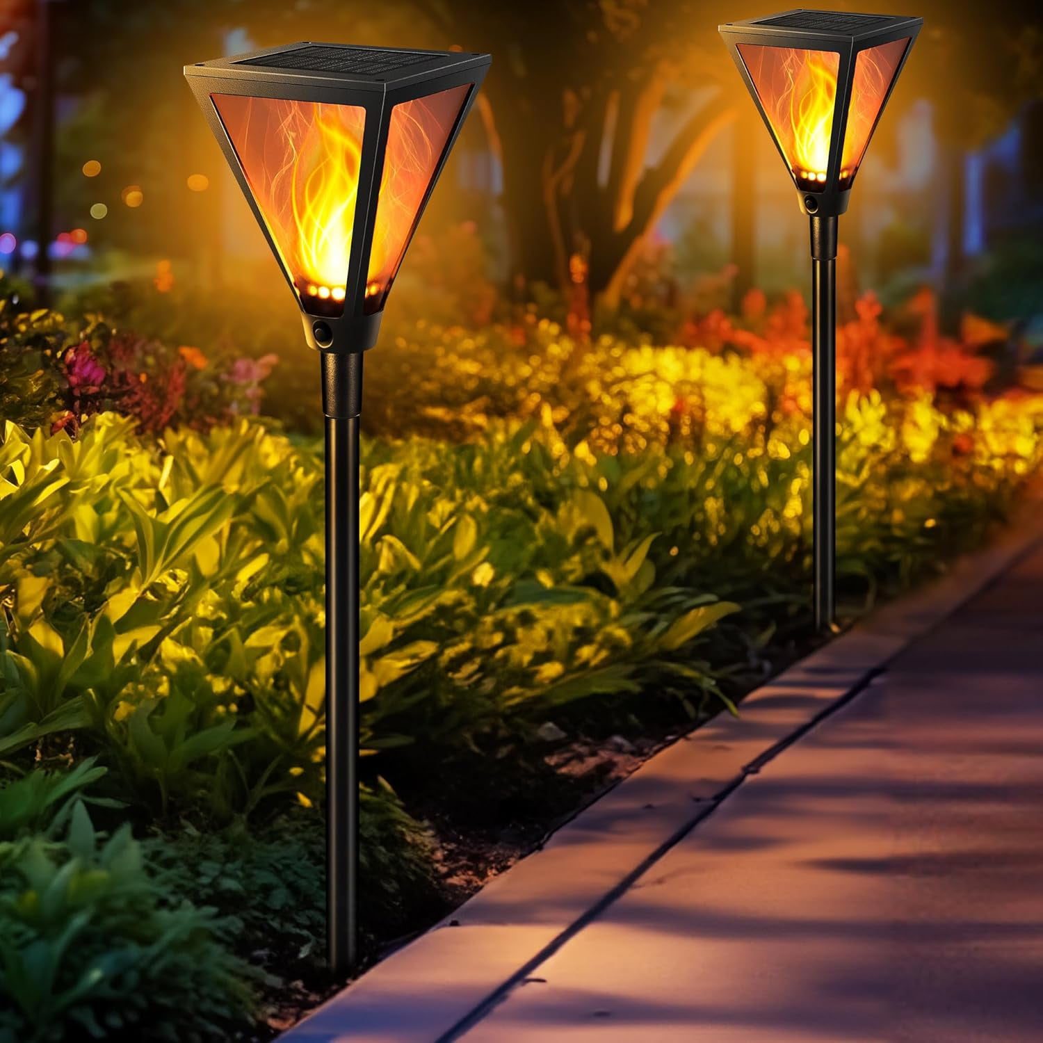 2 Pack 28" Solar Flame Torch Lights, Flickering Flame Garden Lights ...