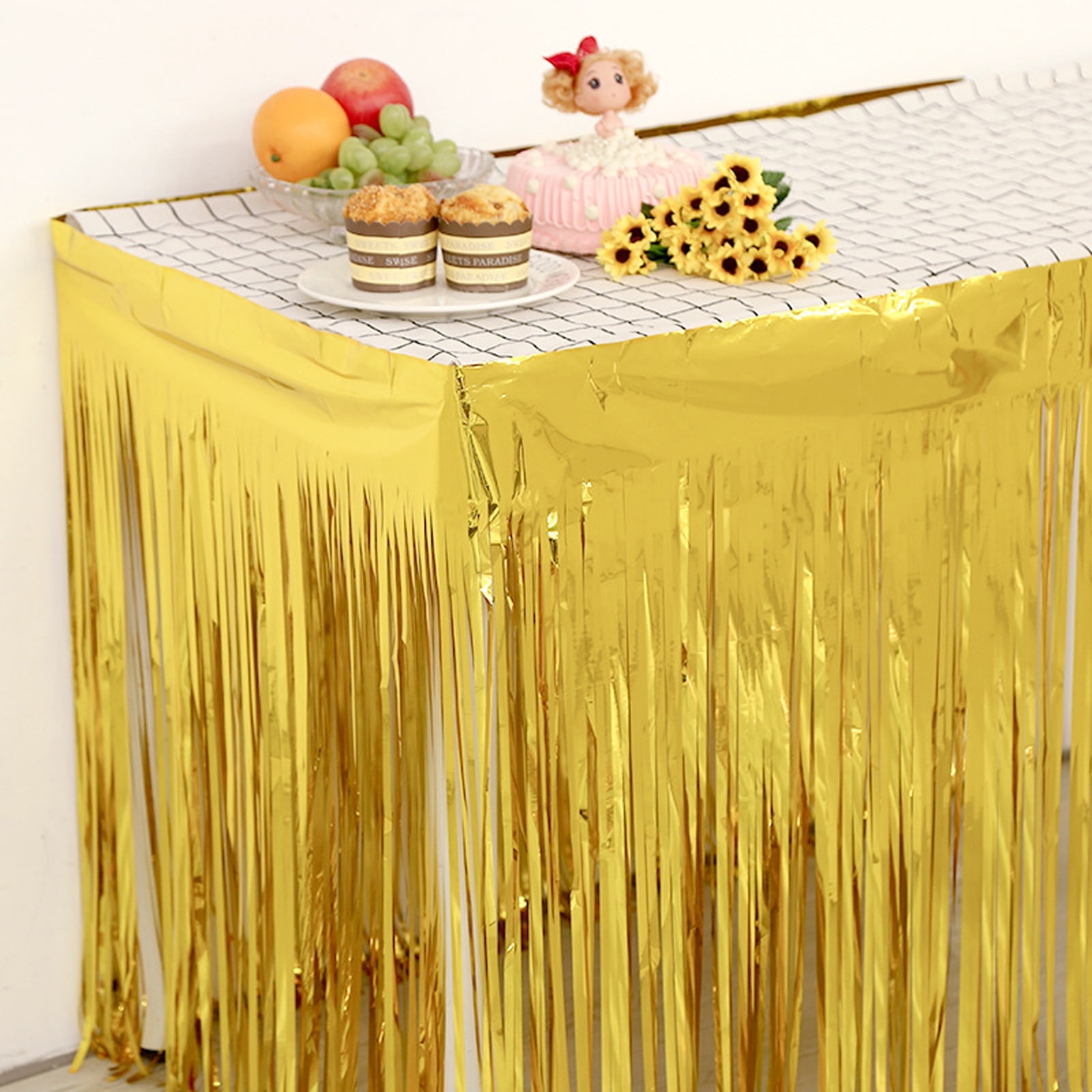 2 Pack 29.5x108 Inch Gold Foil Tinsel Fringe Table Skirts Disposable ...