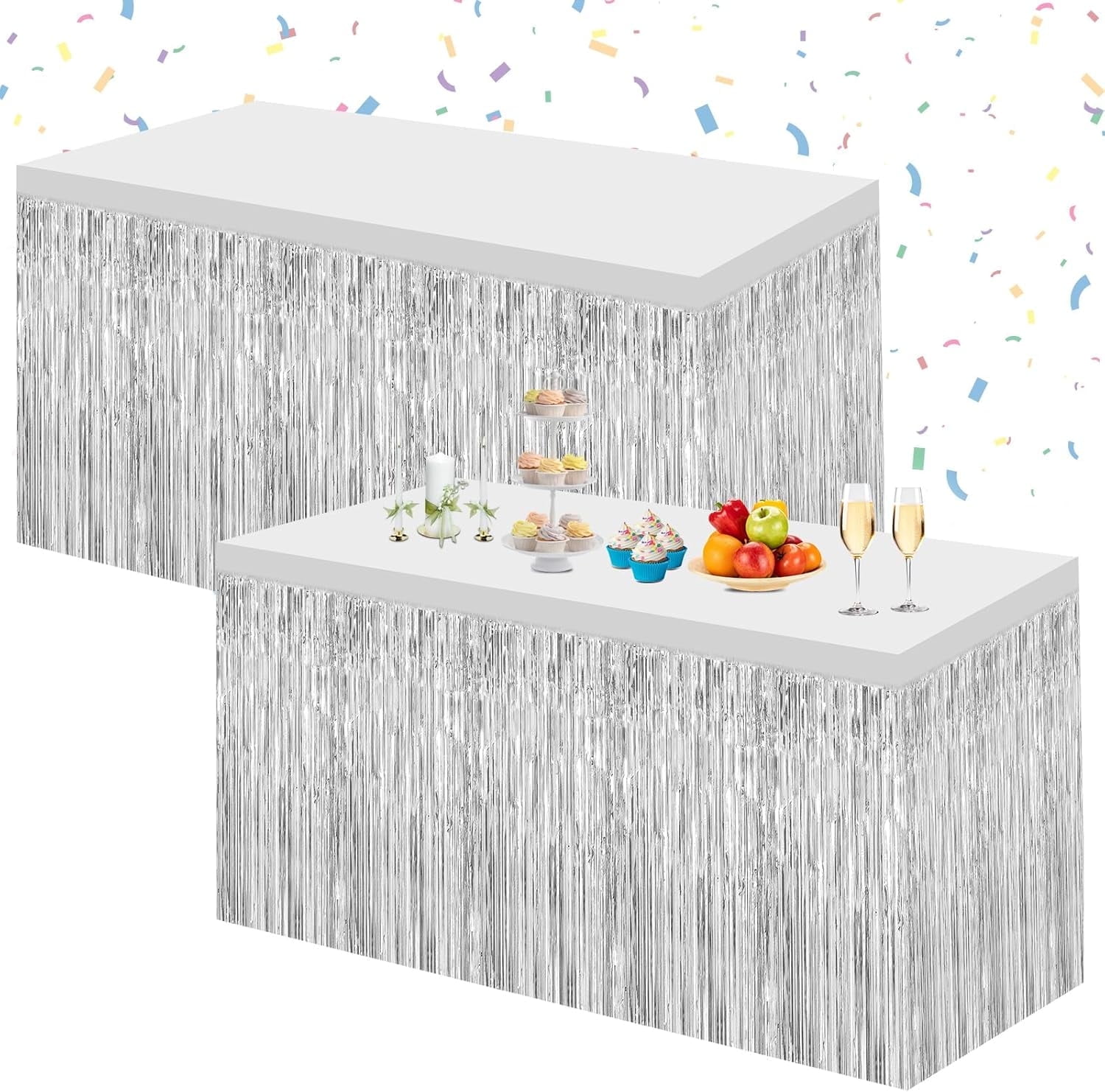2 Pack 29.5x108 Inch Silver Foil Tinsel Fringe Table Skirts, Disposable ...