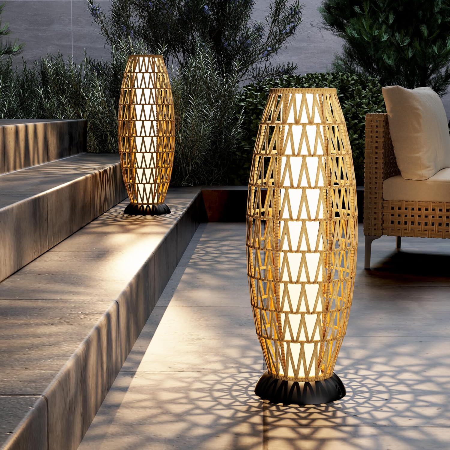 2-Pack 29" Outdoor Solar-Powered Woven Wicker Boho Lantern Floor Lamp ...