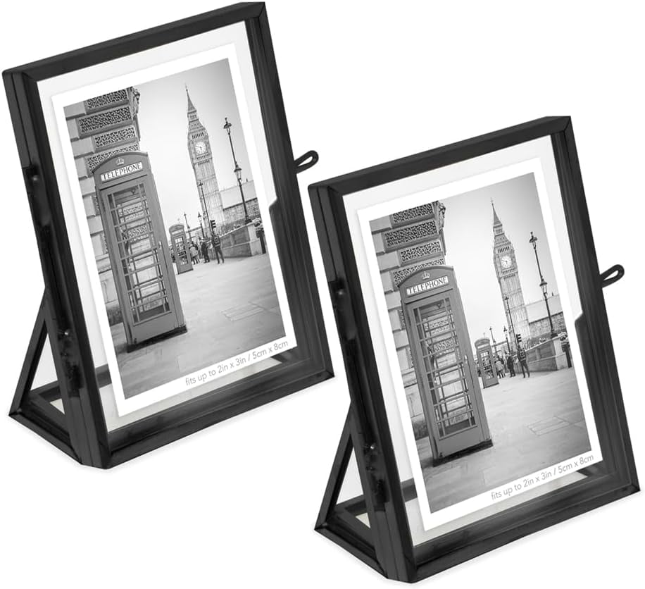 2 Pack (2x3, Black) Vintage Style Brass and Glass Floating Photo Frame ...