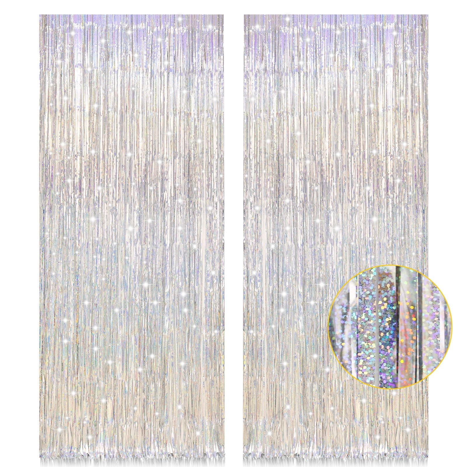 2 Pack 3.2ft PresNok x 8.2ft Silver Metallic Tinsel Fringe Curtains ...