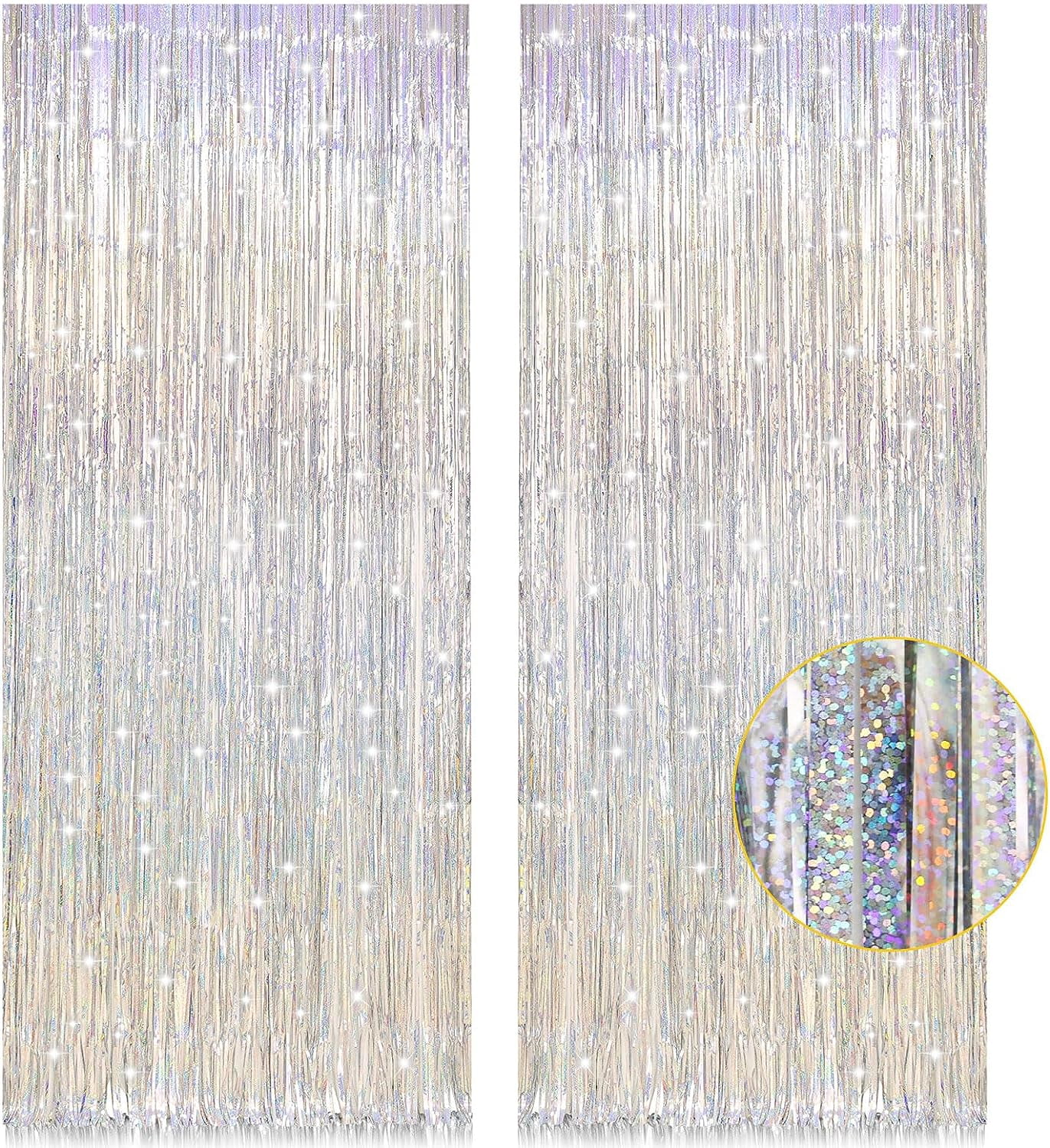 2 Pack 3.2ft x 8.2ft Silver Metallic Tinsel Foil Fringe Curtains, Door ...
