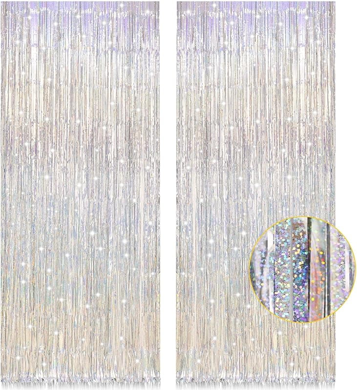 2 Pack 3.2ft x 8.2ft Silver Metallic Tinsel Foil Fringe Curtains, Door ...