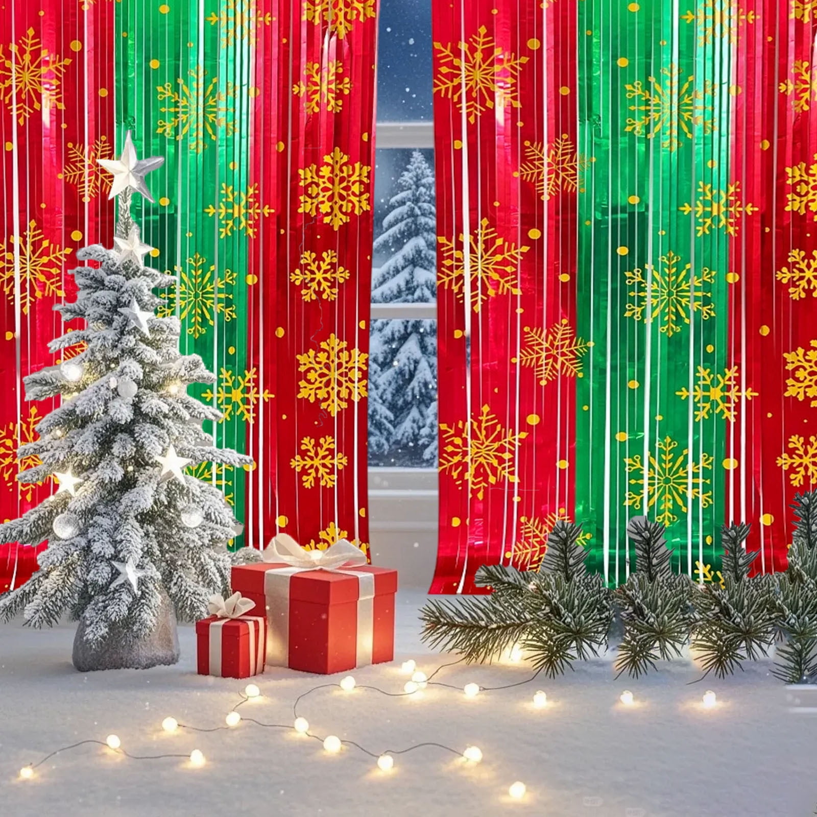2 Pack 3.2x6.5 Feet Green Red Fringe Backdrop Curtains, Snowflake ...