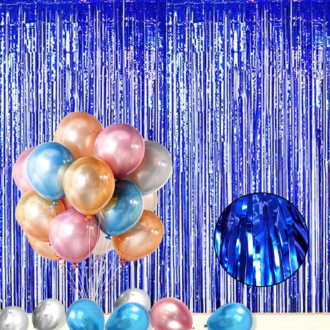 2 Pack 3.3x8.2UMRT Feet Blue Foil Fringe Curtains and Balloons, Photo ...