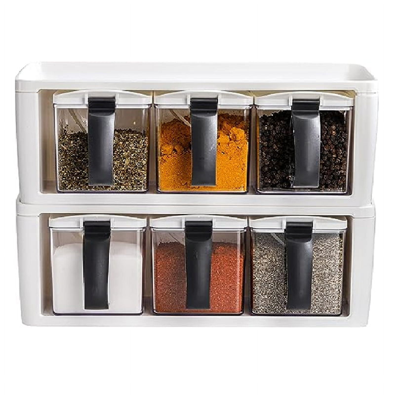 2 Pack 3 Grids Spice Rack with Handle,Cover & Spoon,Clear Kitchen Salt ...