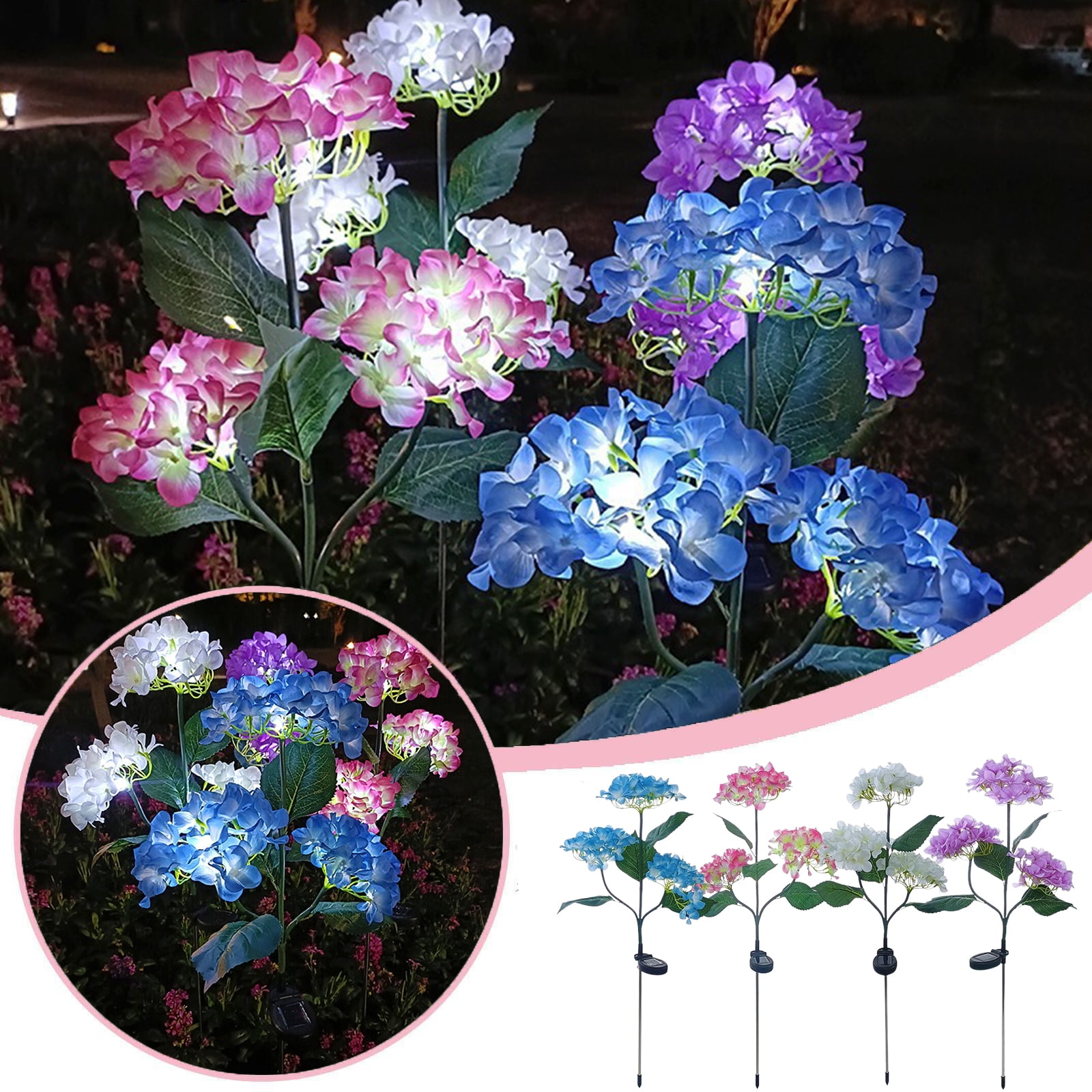 2 Pack 3 Head Hydrangea Solar Garden Stake Lights Outdoor Waterproof ...