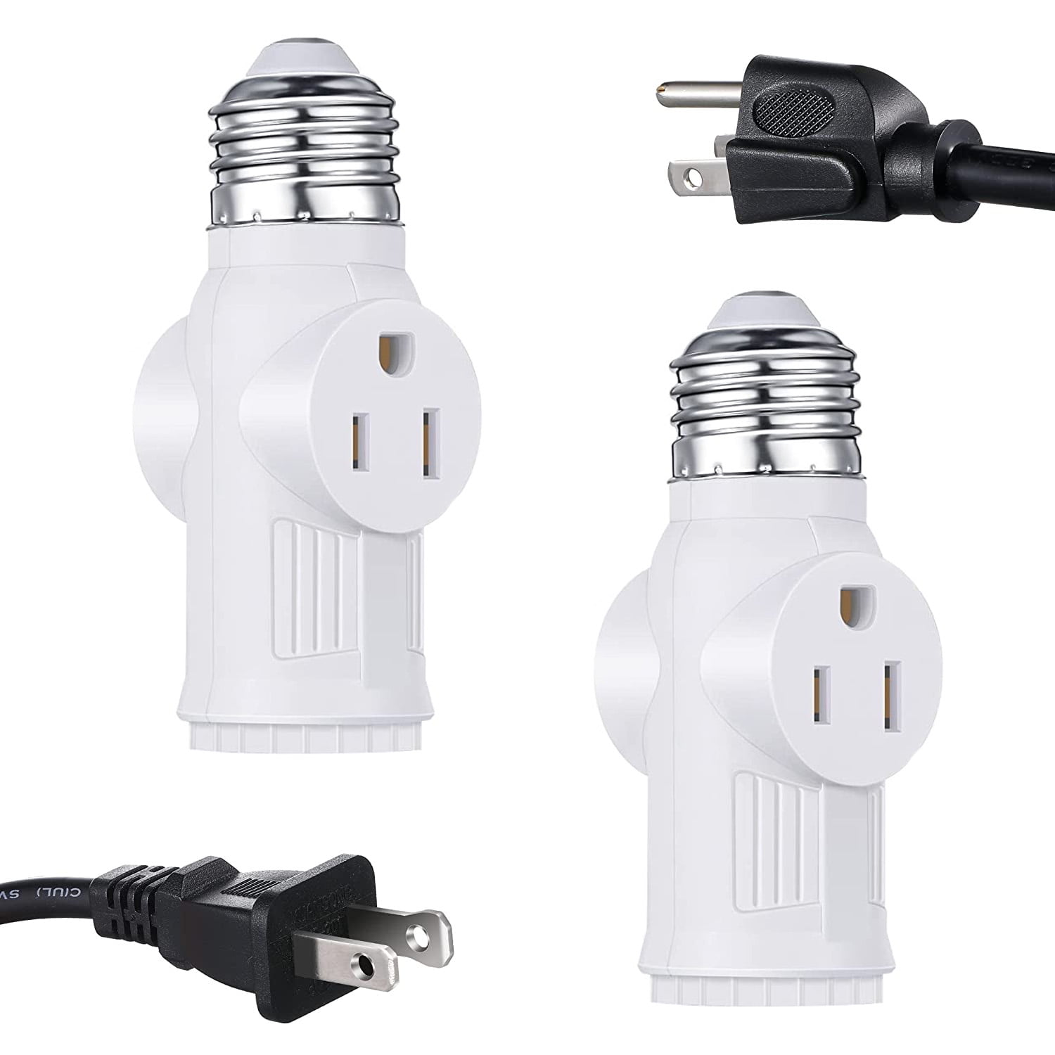 2 Pack 3 Prong Light Socket to Plug Adapter, E26/E27 Polarized Light ...