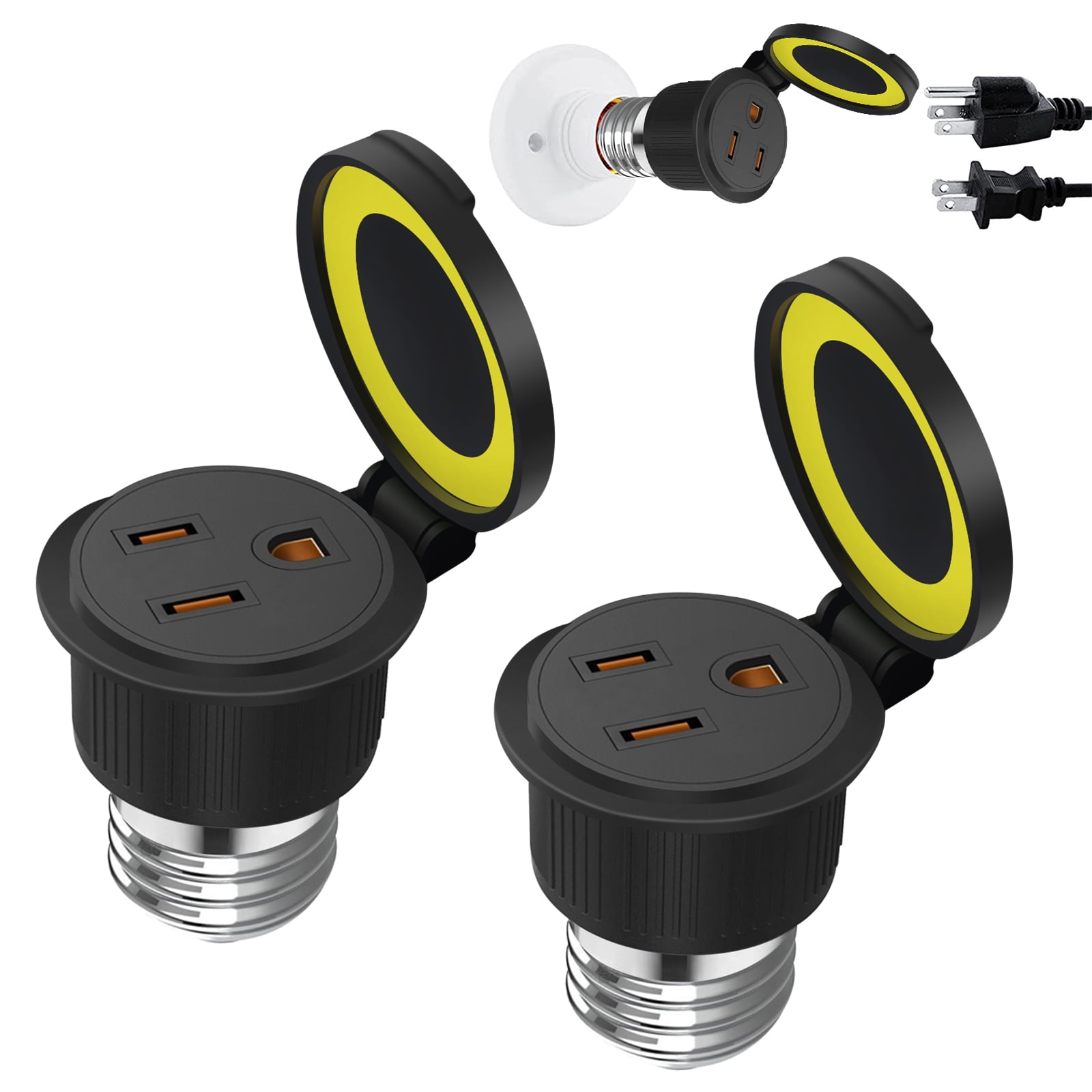 2 Pack 3 Prong Light Socket to Plug Adapter, E26/E27 Waterproof Light ...