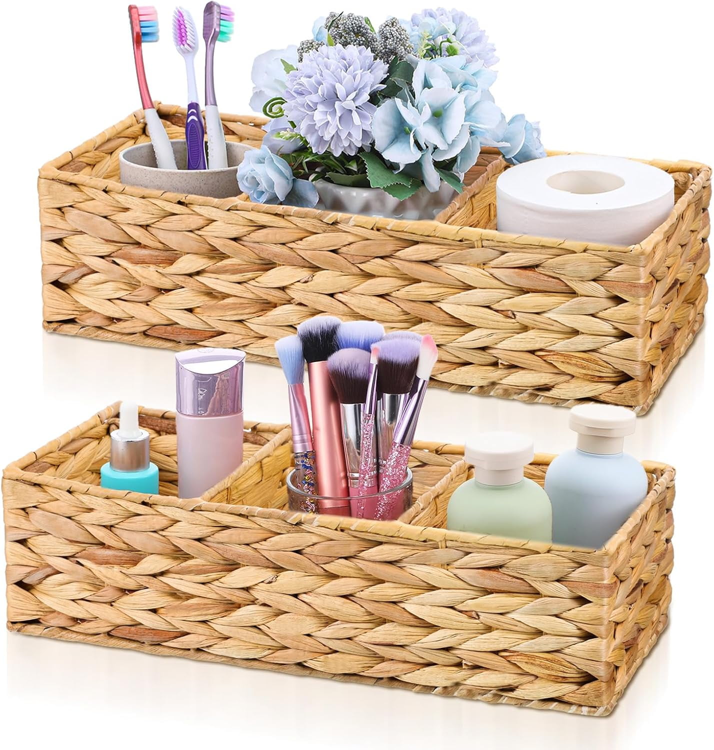 2 Pack 3-Section Wicker Baskets Water Hyacinth Storage Bin Bedroom ...