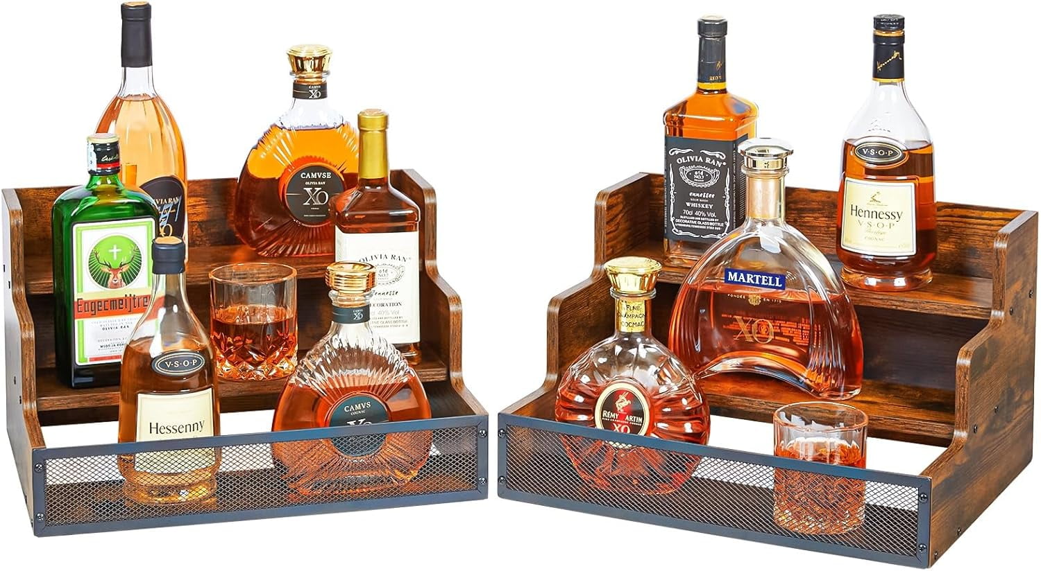 2 Pack 3 Step Countertop Liquor Bottle Display Shelf, Wood Bar Shelves ...