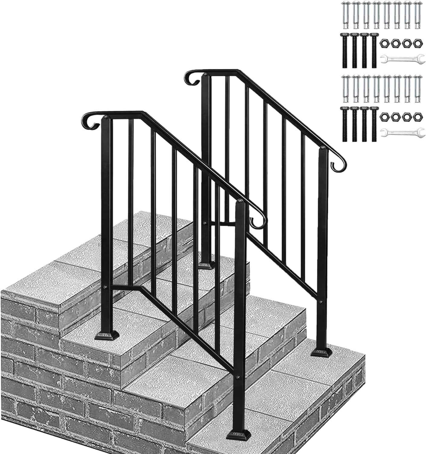 2 Pack 3 Step Handrails for Outdoor Steps, Fits 2 or 3 Steps Wrought ...
