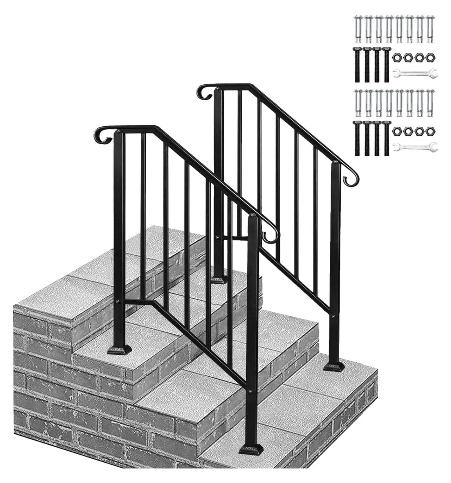 2 Pack 3 Step Handrails for Outdoor Steps, Fits 2 or 3 Steps Wrought ...