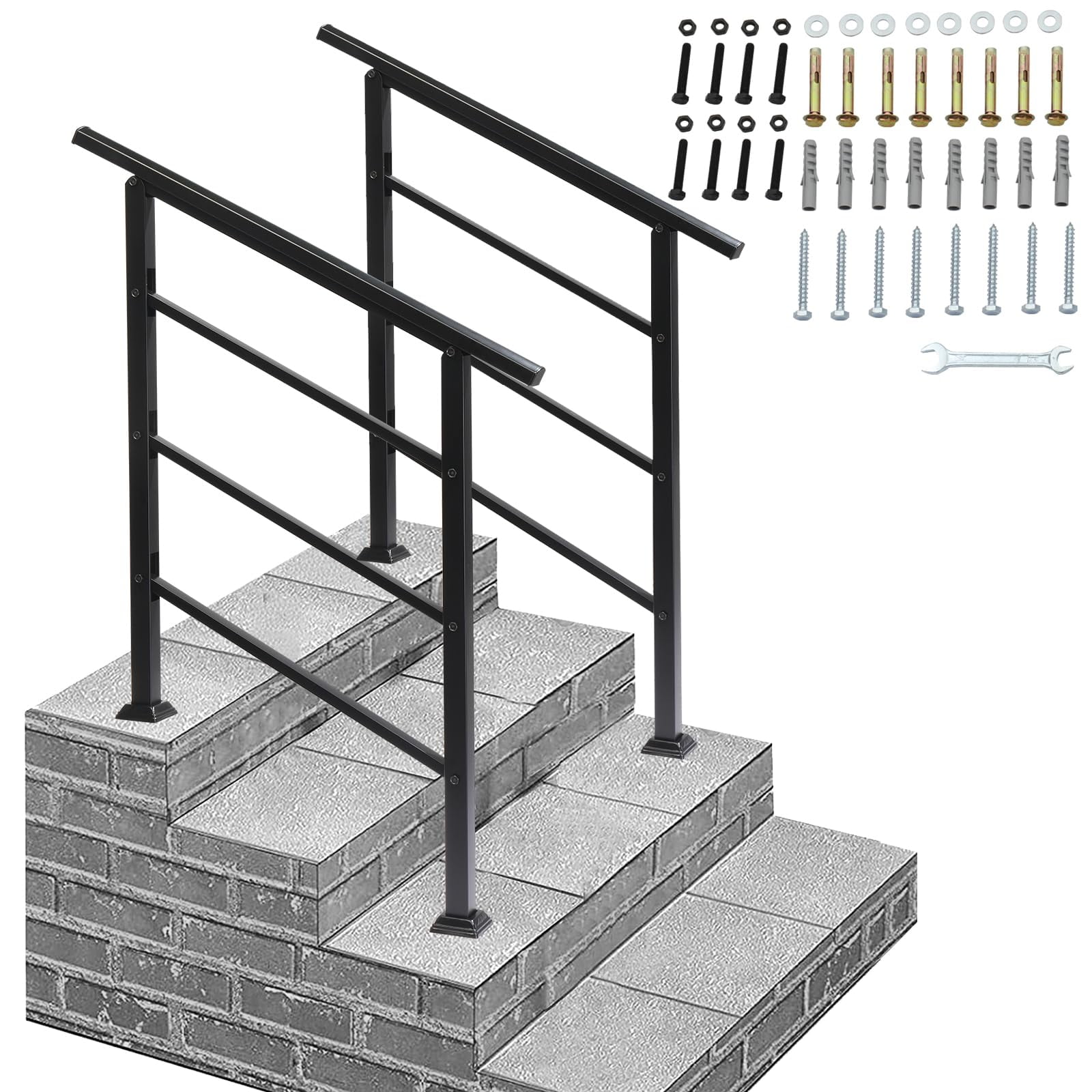 2 Pack 3 Step Handrails for Outdoor Steps, Wrought Iron Stair Railing ...