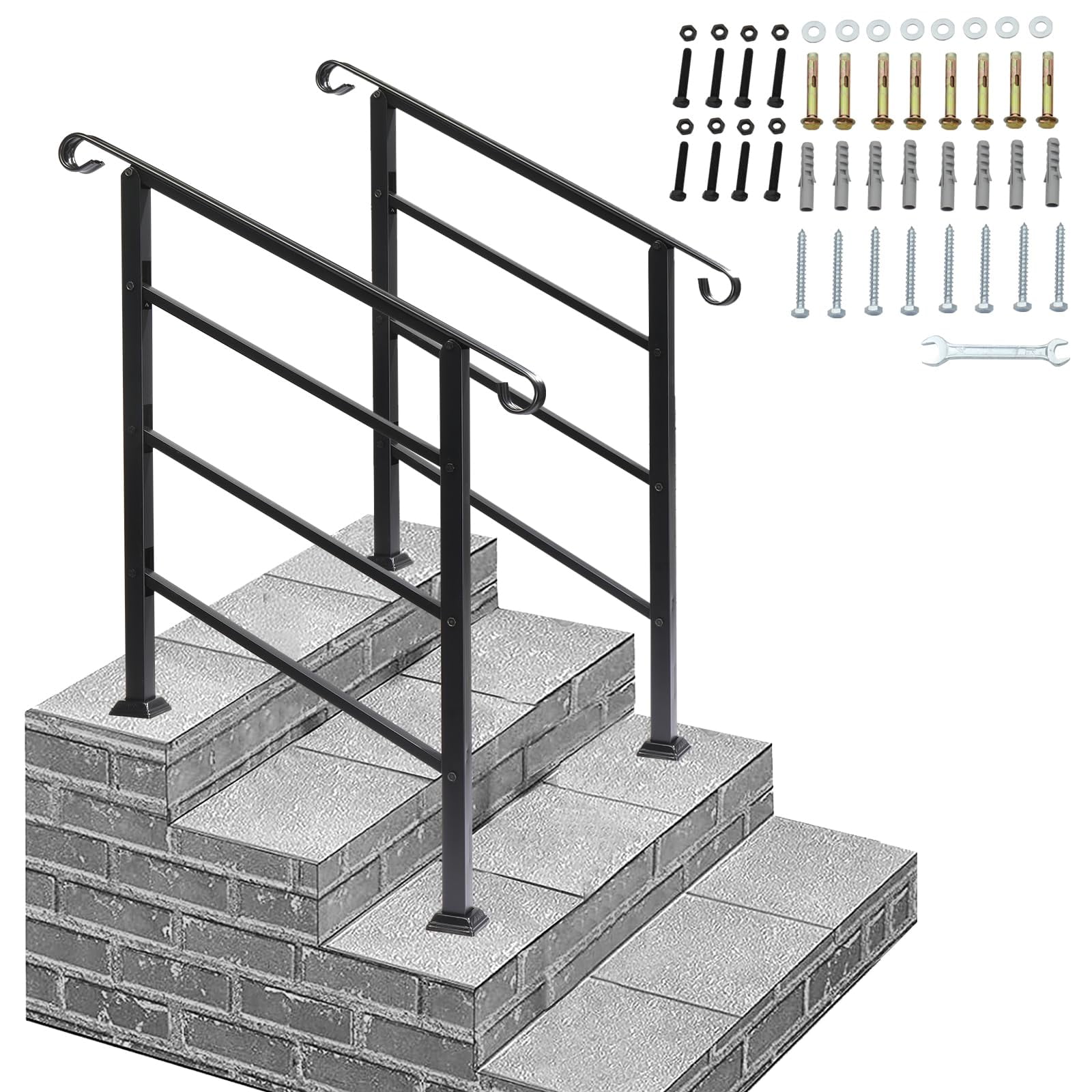 2 Pack 3 Step Handrails for Outdoor Steps, Wrought Iron Stair Railing ...
