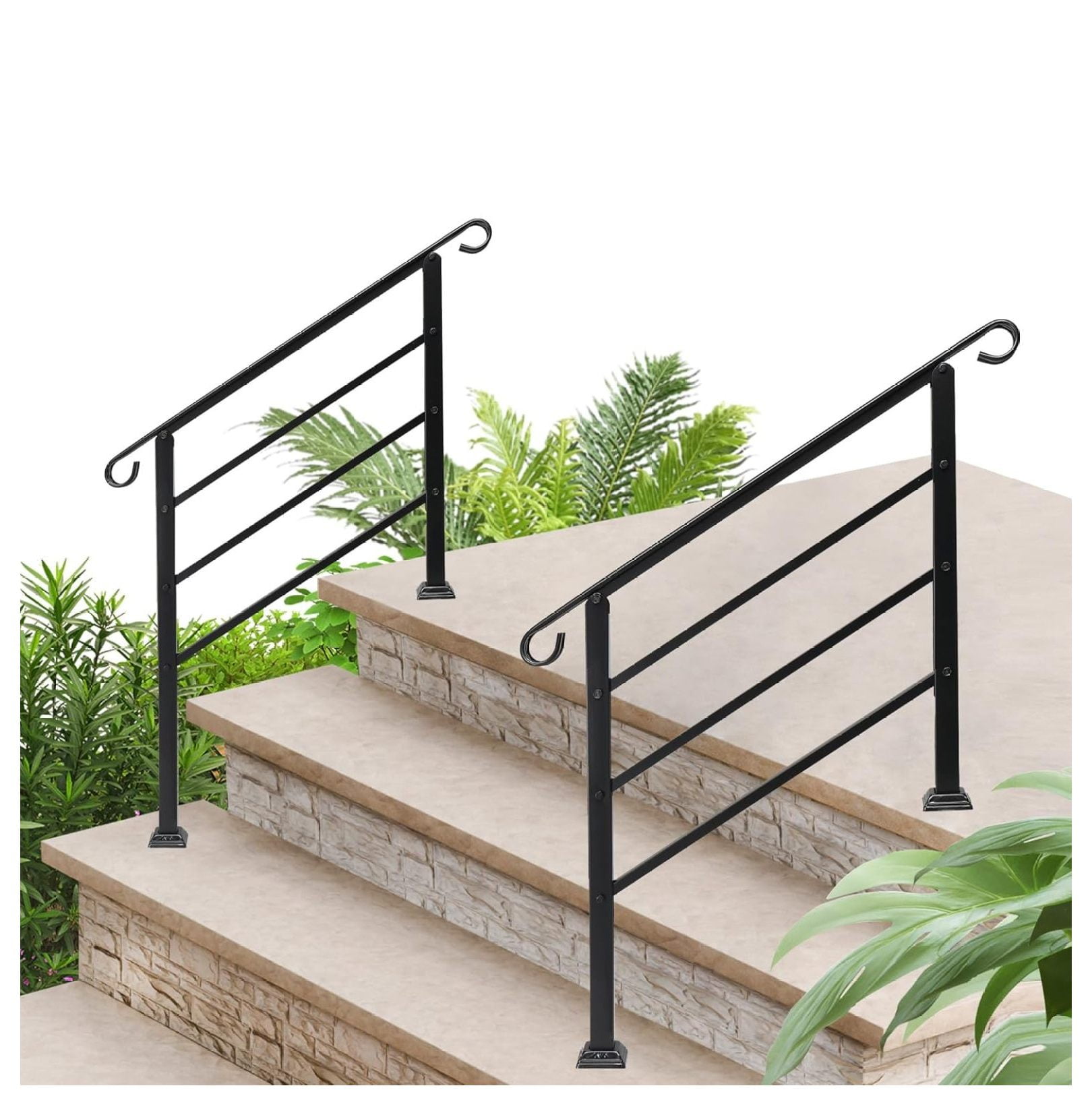 2 Pack 3 Step Handrails for Outdoor Steps, Wrought Iron Stair Railing ...