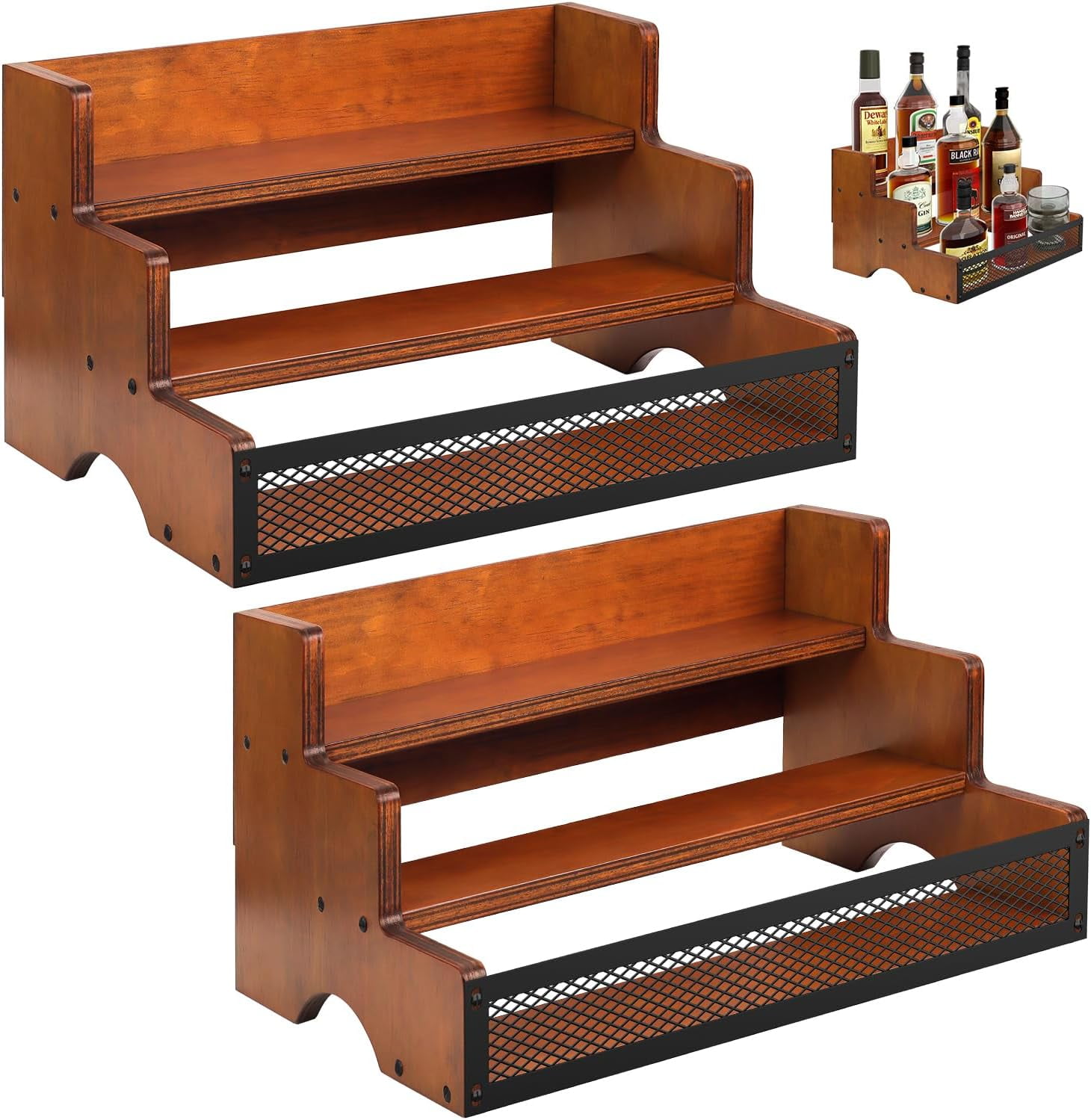 2 Pack - 3 Step Liquor Bar Bottle Display Shelf, Coffee Syrup Rack ...