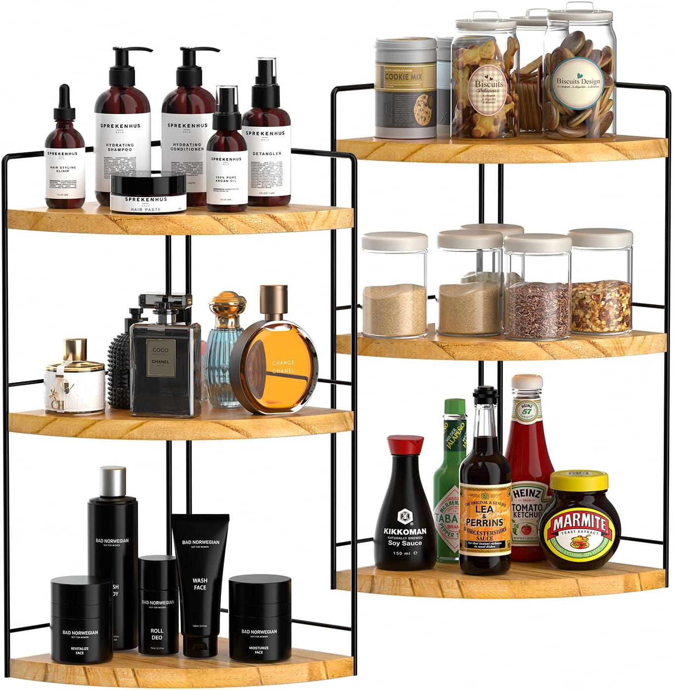 2 Pack 3-Tier Corner Bathroom Counter Organizer, Wood Countertop ...