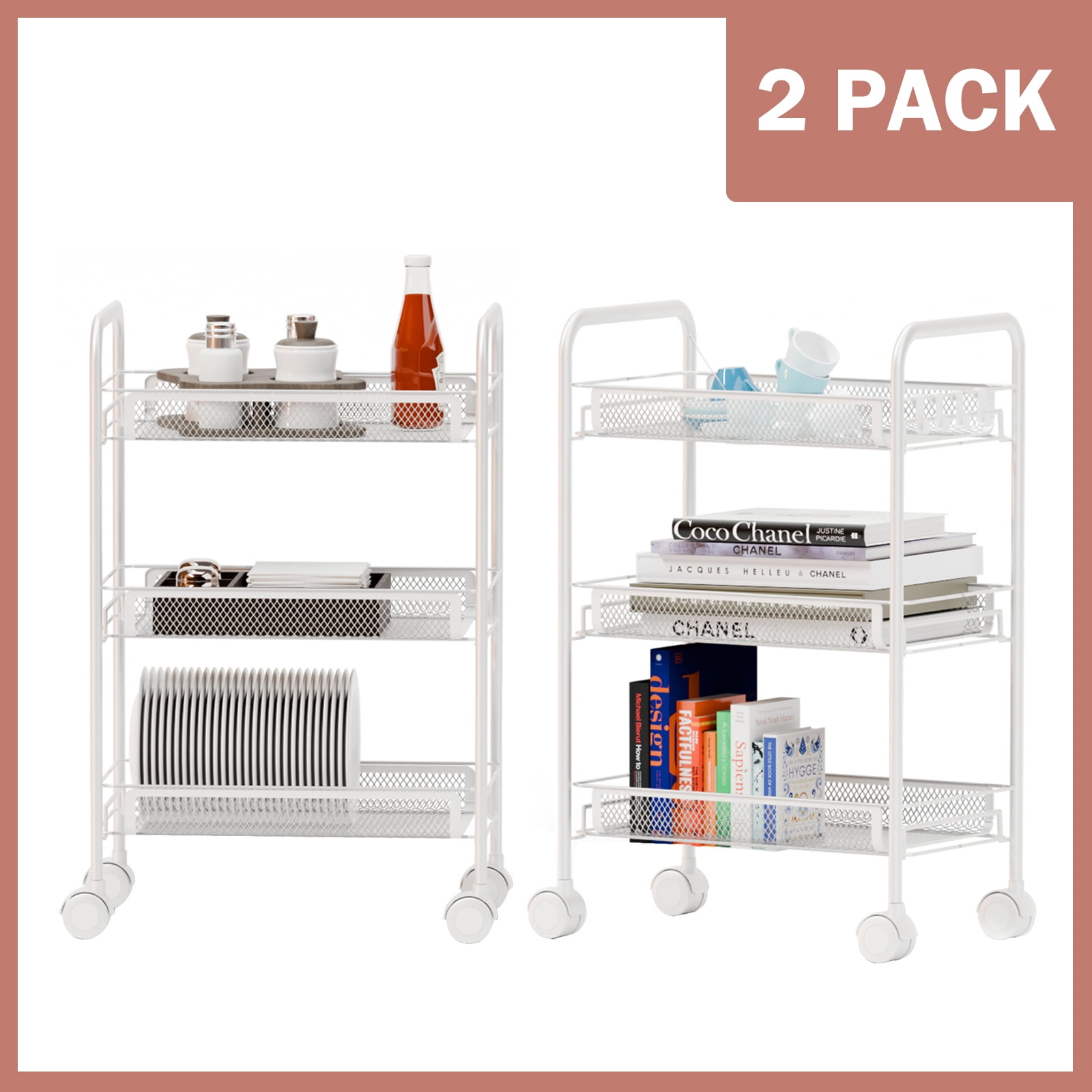 2-Pack 3-Tier Kitchen Storage Rack with Wheels, Metal Organizer Shelf ...