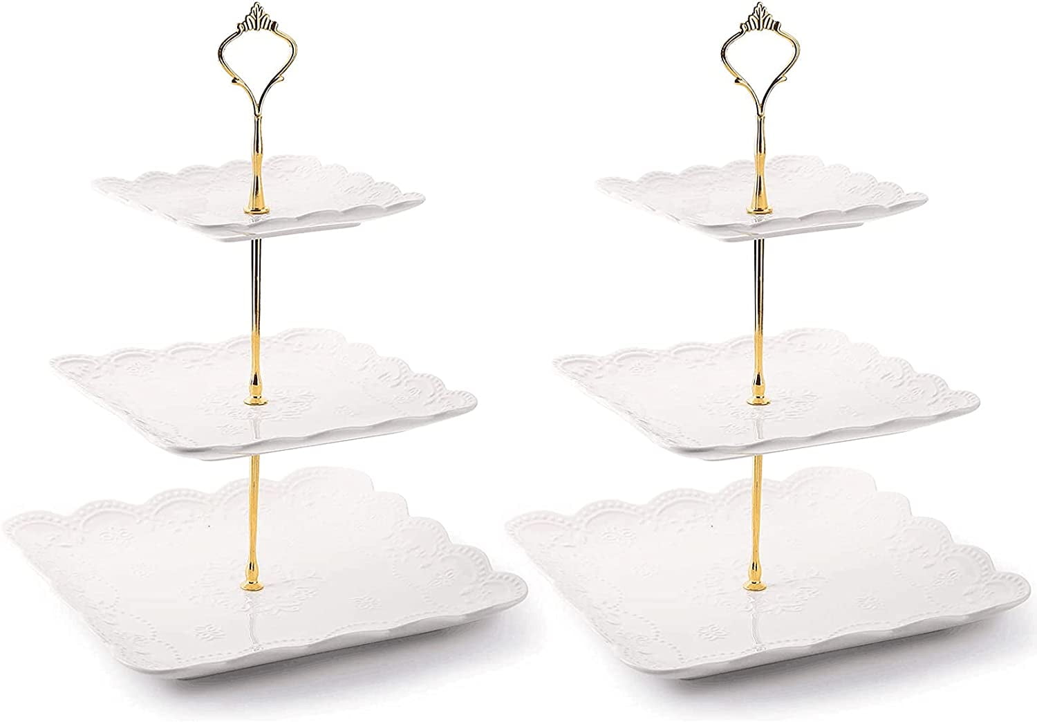 2 Pack 3-Tier White Ceramic Embossed Dessert Cake Tower Stand with Gold ...