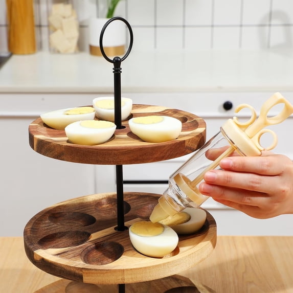 2 Pack 3 Tier Wooden Deviled Egg Platter with 48 Holes Reversible ...