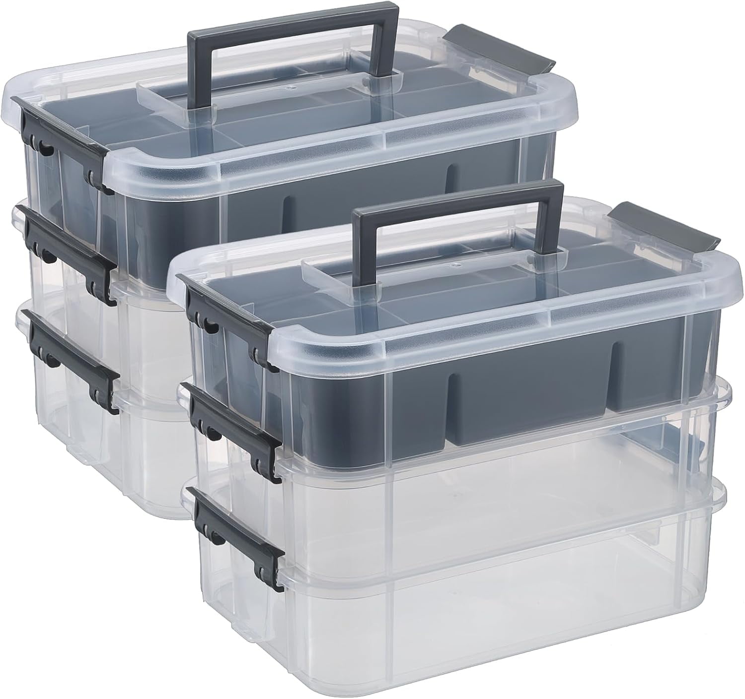 2 Pack 3-Tiers Stack Carry Storage Box With Divided Tray, Transparent ...